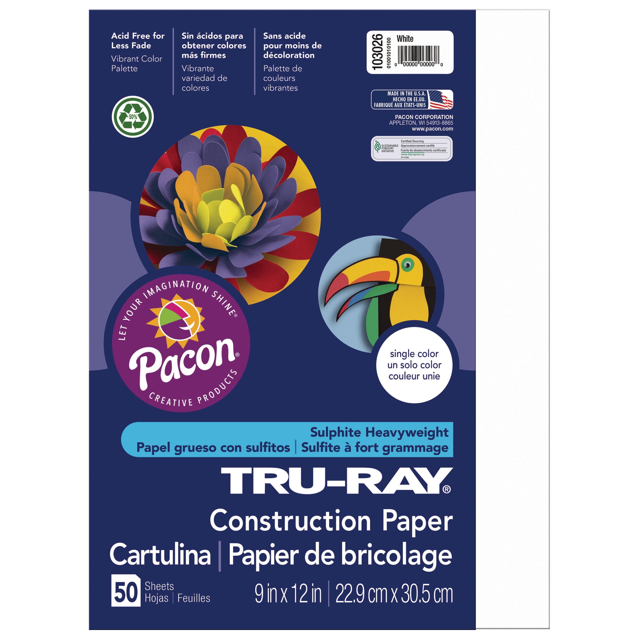 Tru-Ray Pack of 50 Heavyweight Sulphite Construction Paper, 9 x 12 ...