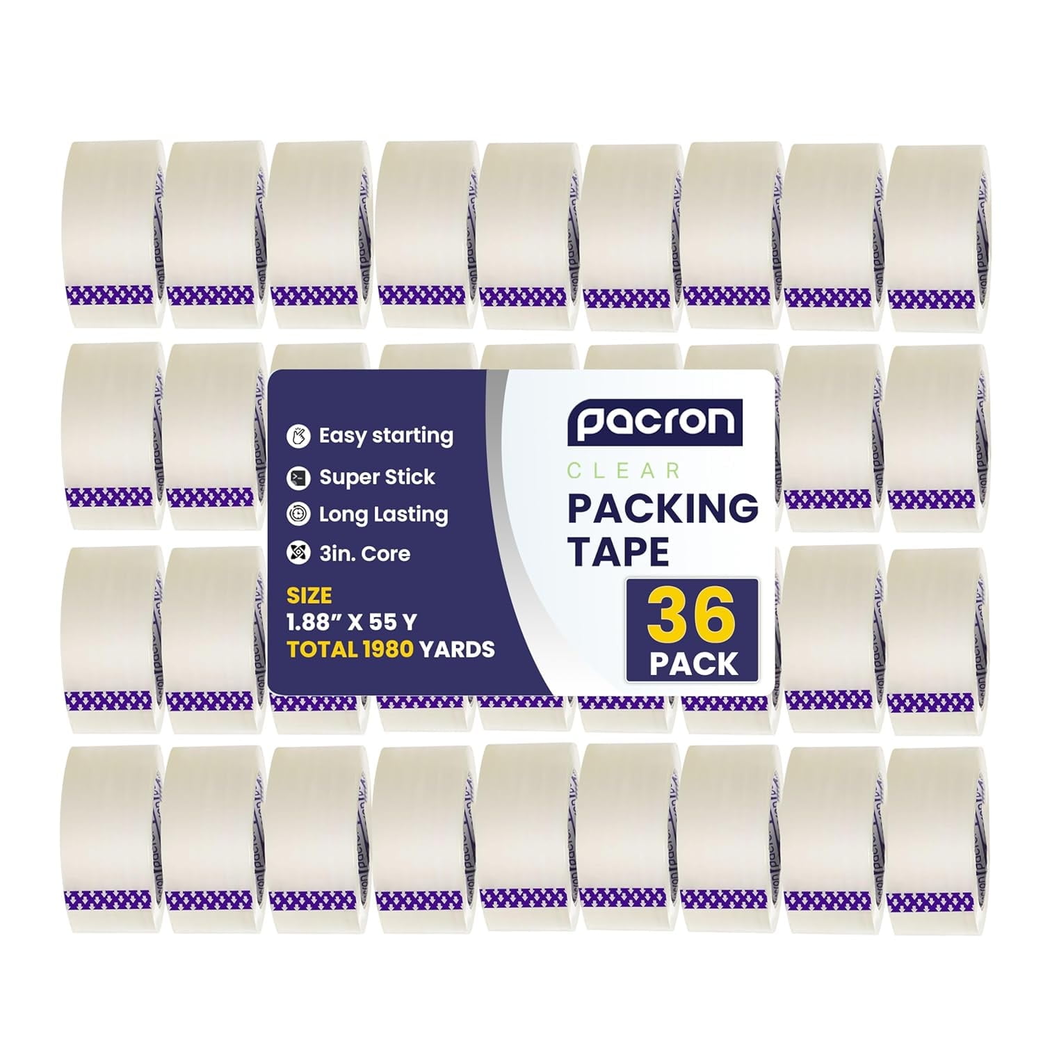 Pacron 36 Rolls Clear Packing Tape – Basic Moving Tape, 1.88x55 Yds ...