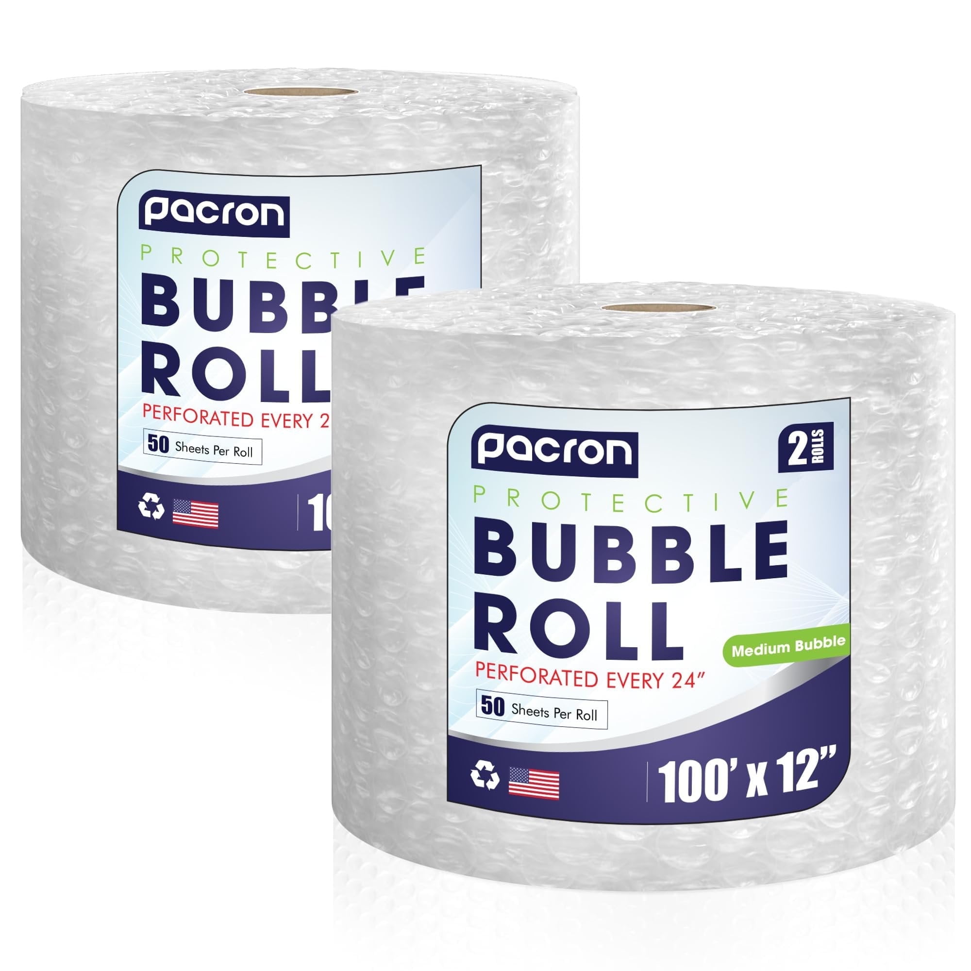 Pacron Clear Bubble Wrap Roll 100FT x 12IN, 5/16" Dense, Perforated ...