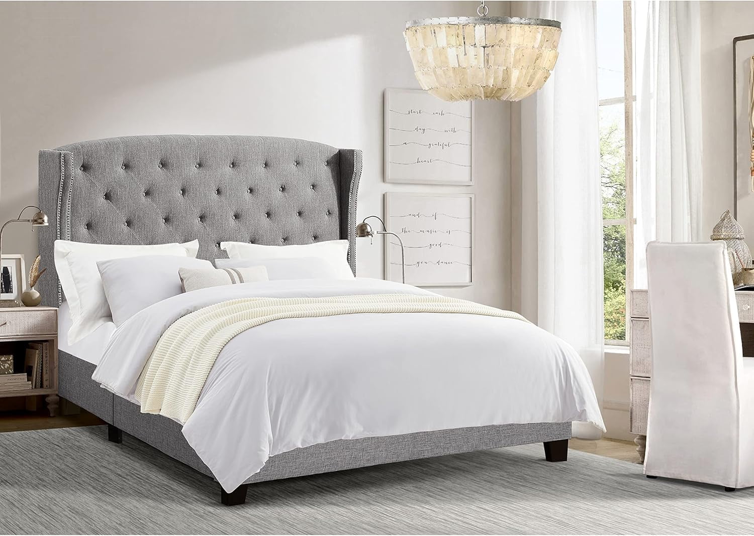 Padded Platform Bed Frame with French, Westerly, and Cardiff Designs, Nailhead Trimmed Wingback ...