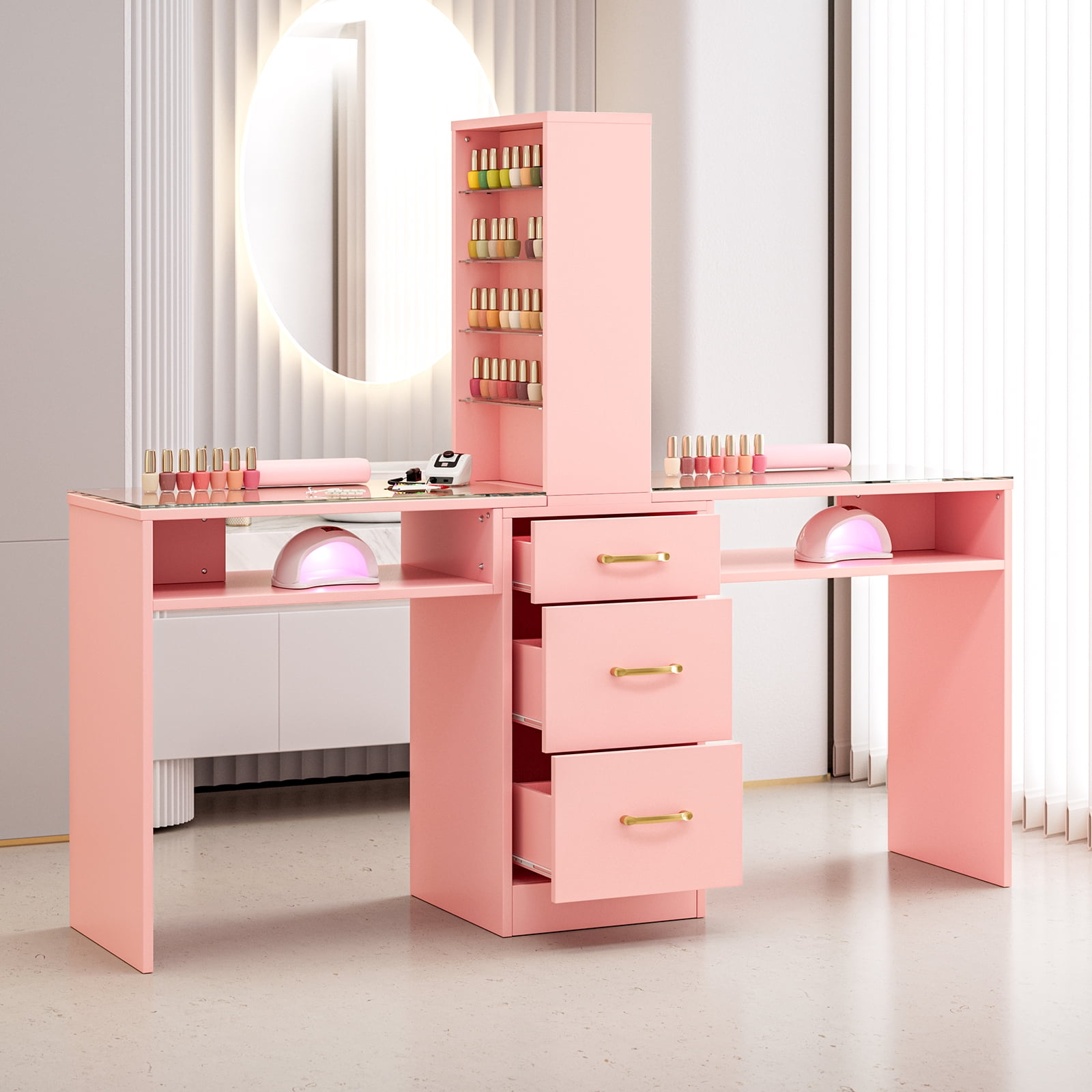 Paddie Double Manicure Table, Nail Desk for Nail Tech w/Glass Top ...