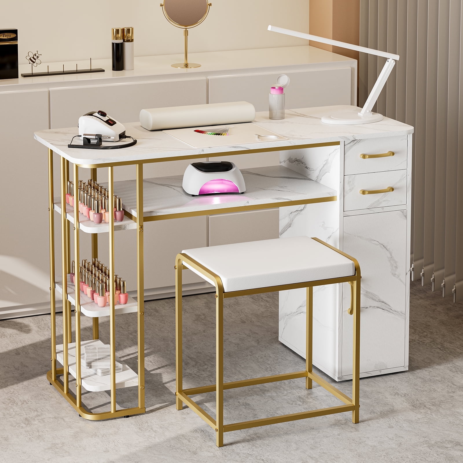 Paddie Golden Frame Manicure Table with Stool, Marbling Texture Nail ...
