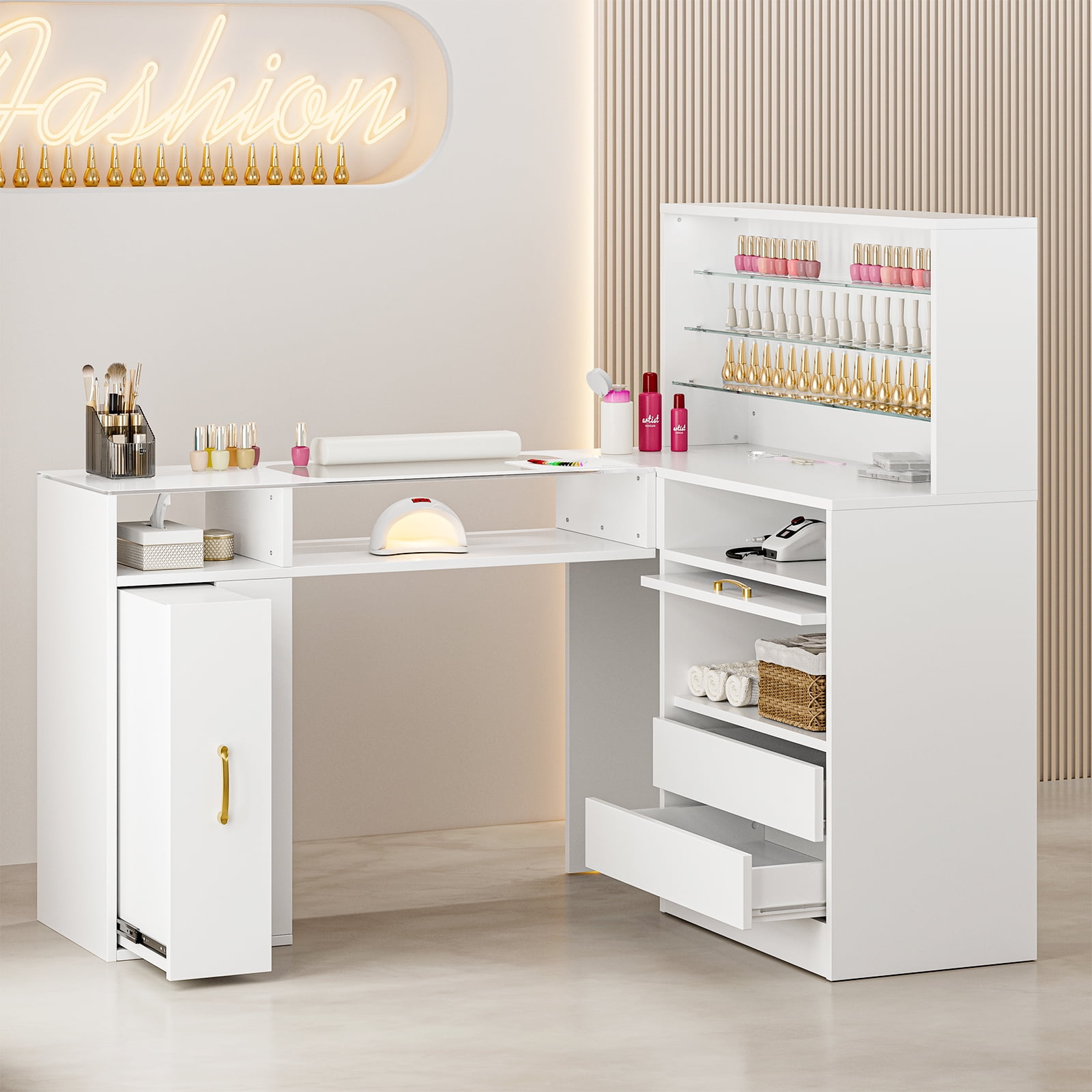 Paddie L-Shaped Manicure Table with Shelves, Glass Top Nail Table ...