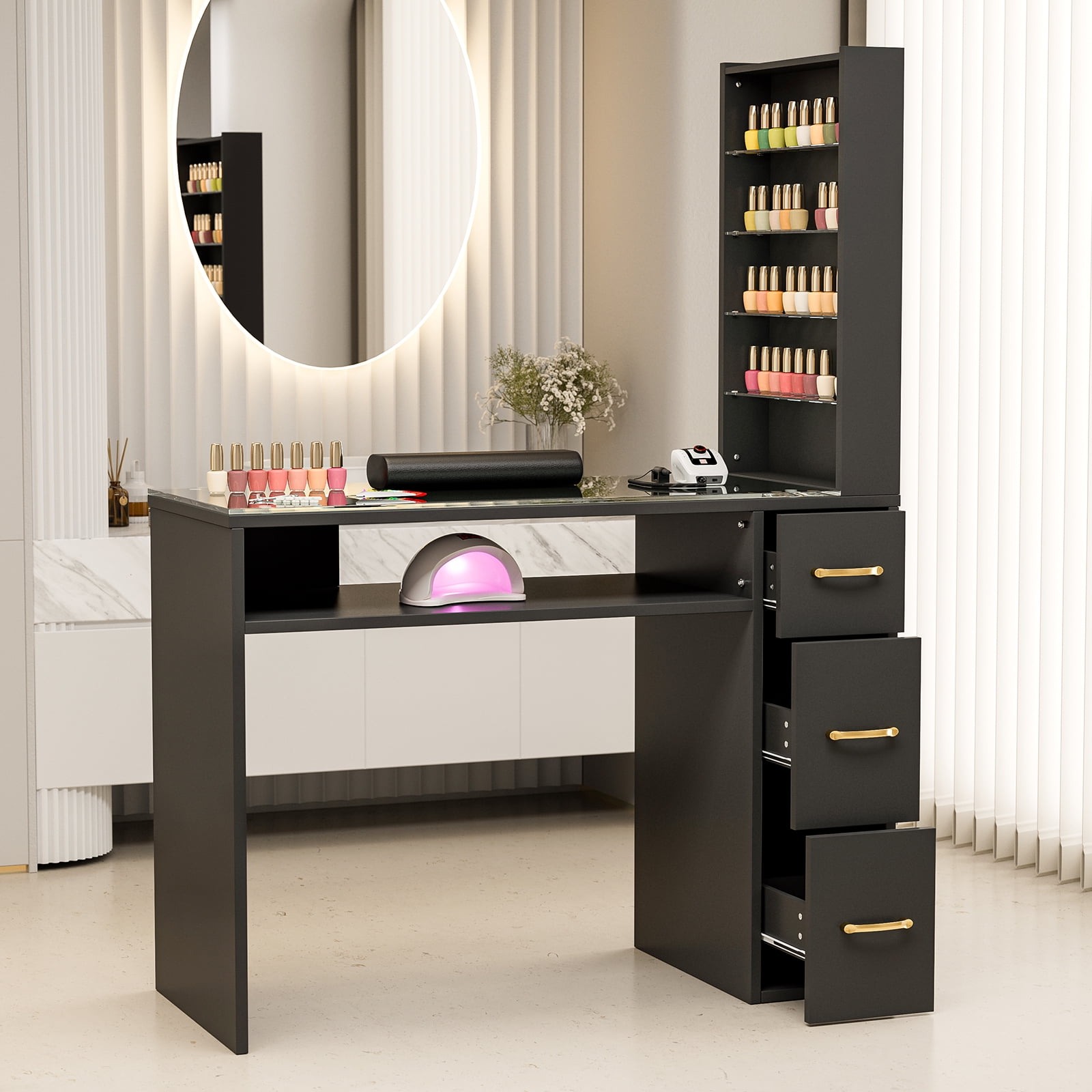 Paddie Manicure Table with Drawers, Glass Top Nail Desk Nail Tech Table ...