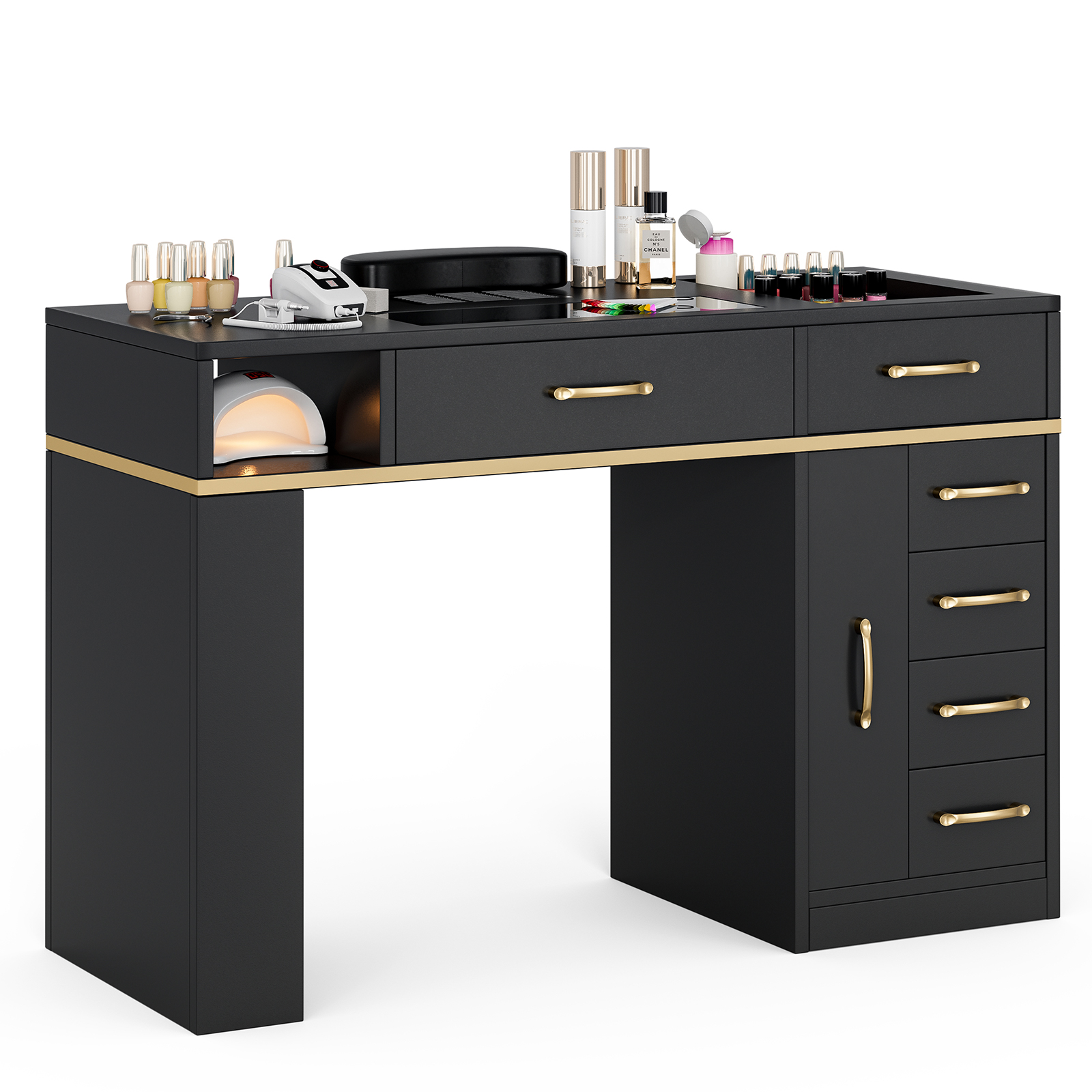 Paddie Manicure Table Nail Station for Nail Tech, Glass Top Nail Table ...