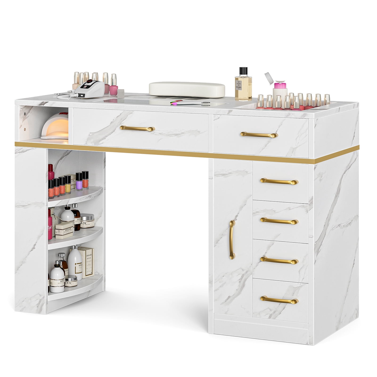 Paddie Manicure Table Nail Station for Nail Tech, Glass Top Nail Table ...