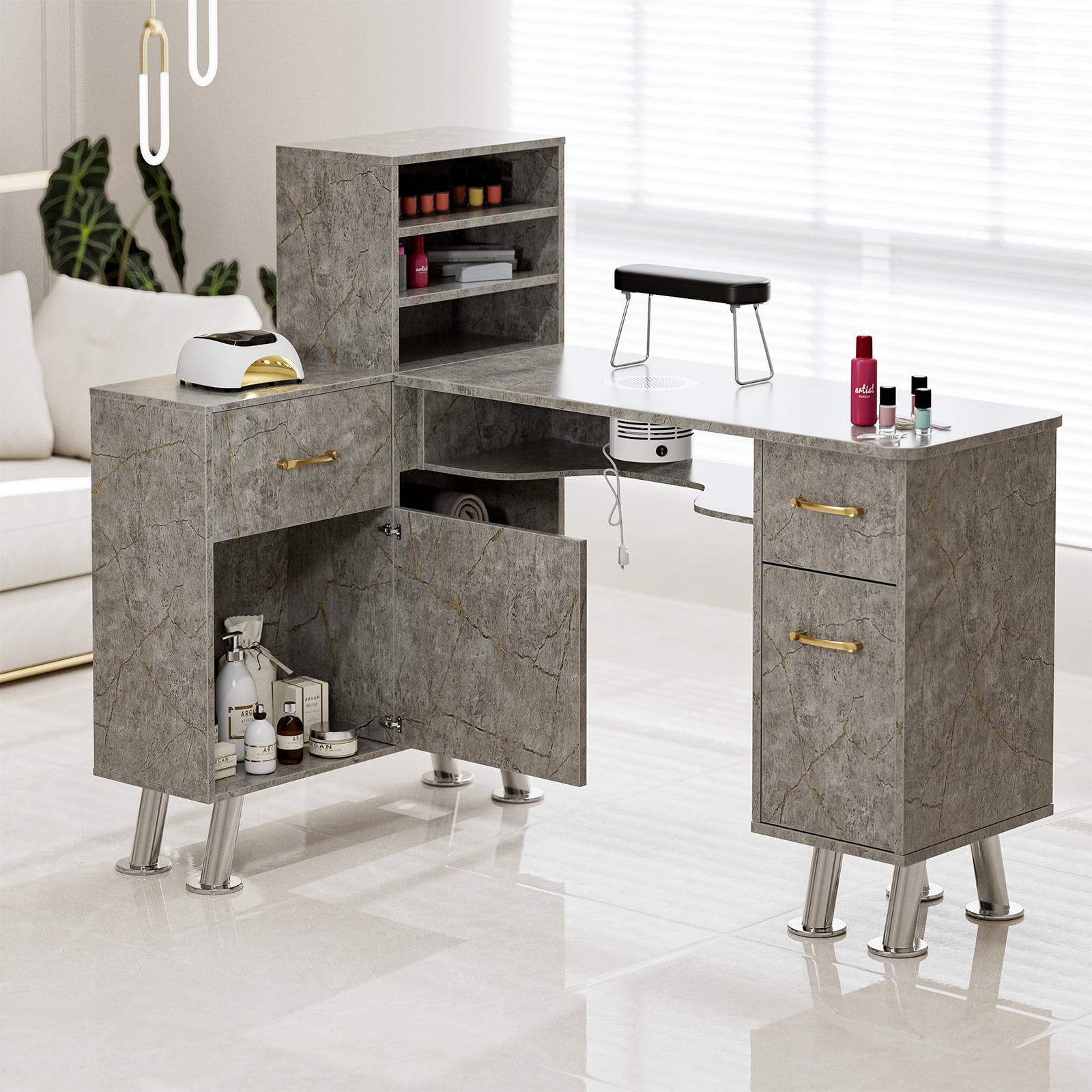 Paddie Manicure Table with Shelves, L-Shaped Nail Table Station ...