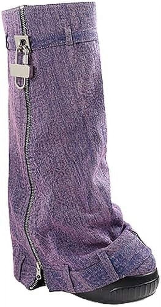 Padlock Fold Over Platform Denim Knee High Boots - Walmart.com