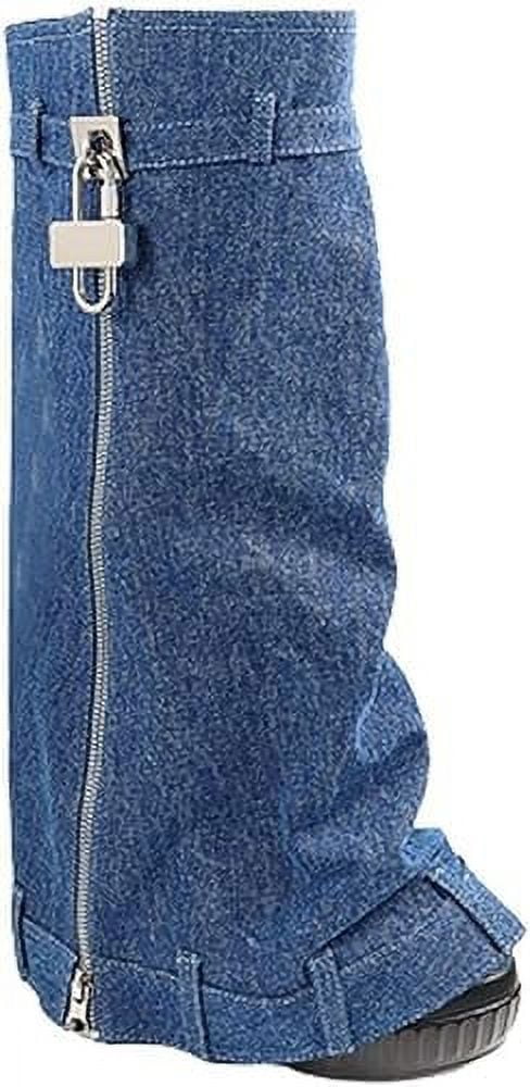 Padlock Fold Over Platform Denim Knee High Boots - Walmart.com
