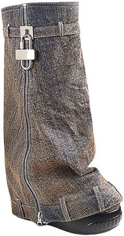 Padlock Fold Over Platform Denim Knee High Boots - Walmart.com
