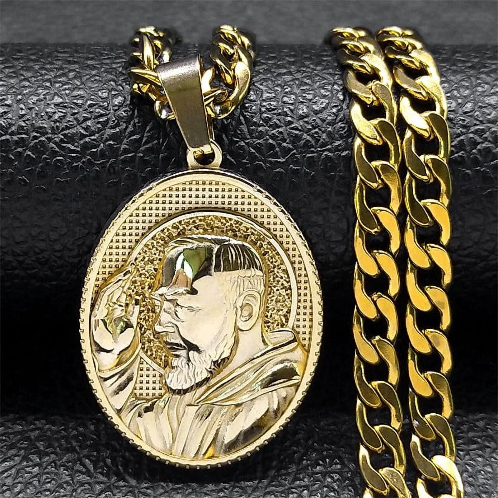 Padre Pio Saint Father Medal Necklace for Men 14K Yellow Gold Statement ...