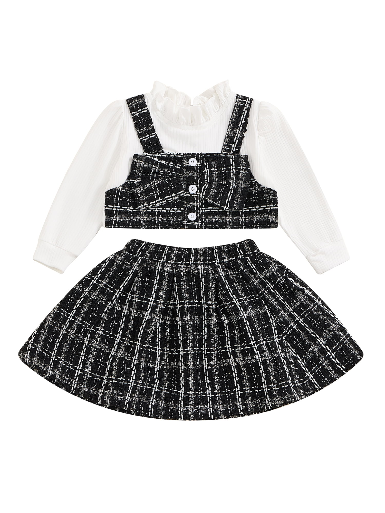 PaerPade Little Girls Tweed Outfit, Plaid Long Sleeve Fake Two-Piece ...