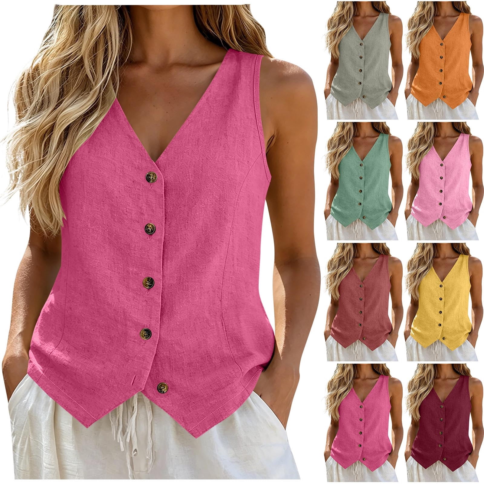 Pafei Tyugd Linen Tank Tops for Women Button Down Sleeveless Shirts ...
