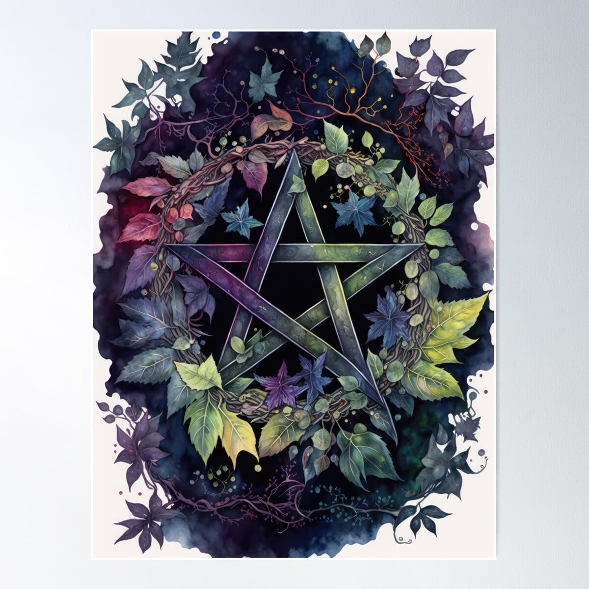 Pagan Botanical Pentacle - Wiccan Gothic Colorful Pentagram Poster Wall ...