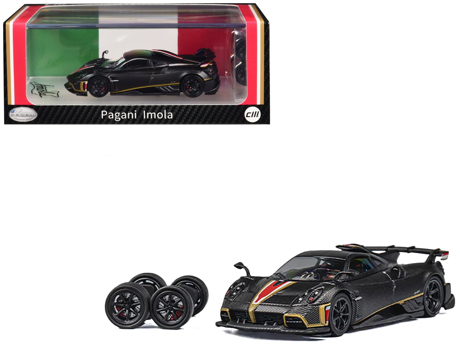 Pagani Imola Black Carbon with Red and Gold Stripes with Extra Wheels 1 ...