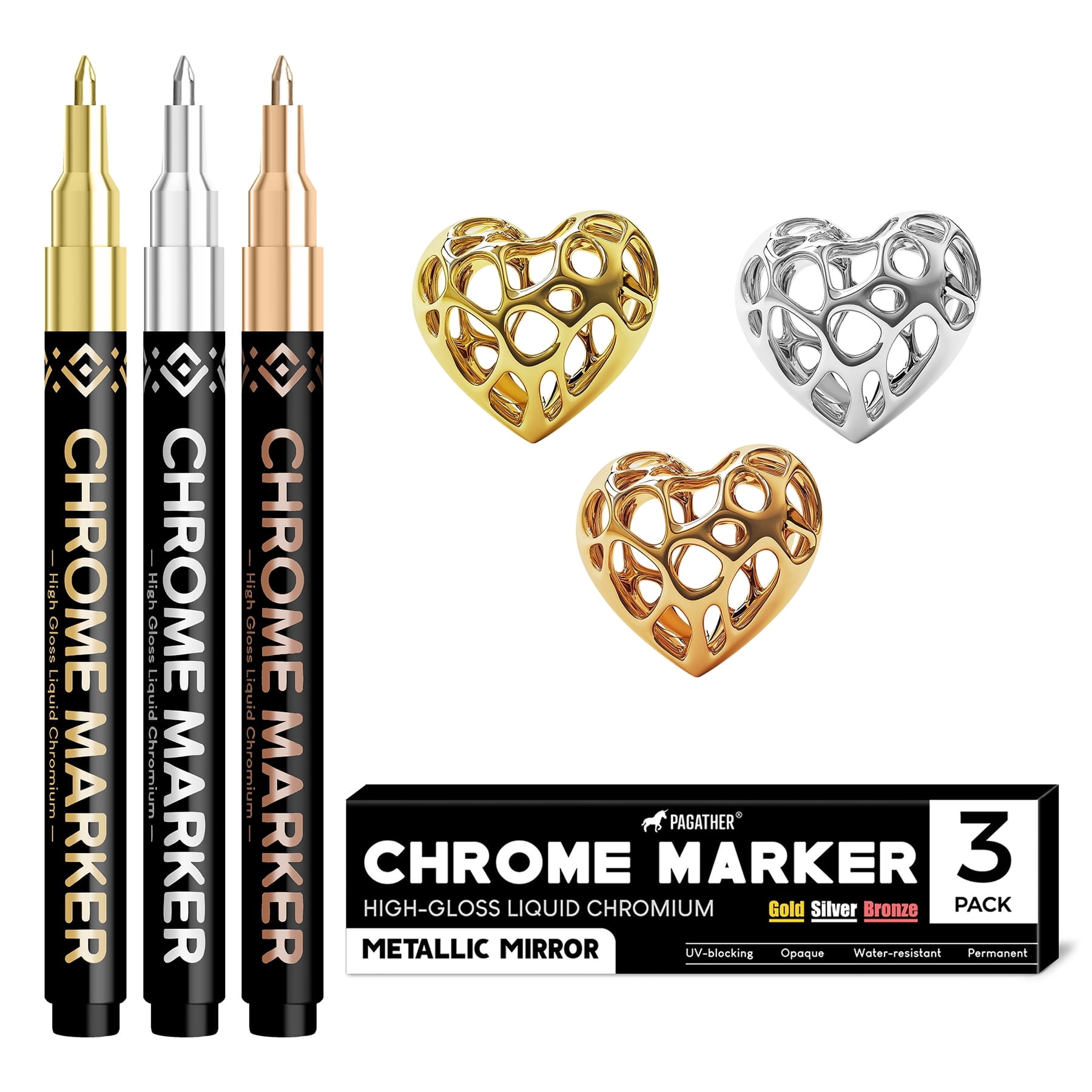 Pagather 3Pcs Chrome Paint Markers, Permanent Mirror Liquid Chrome Pens ...