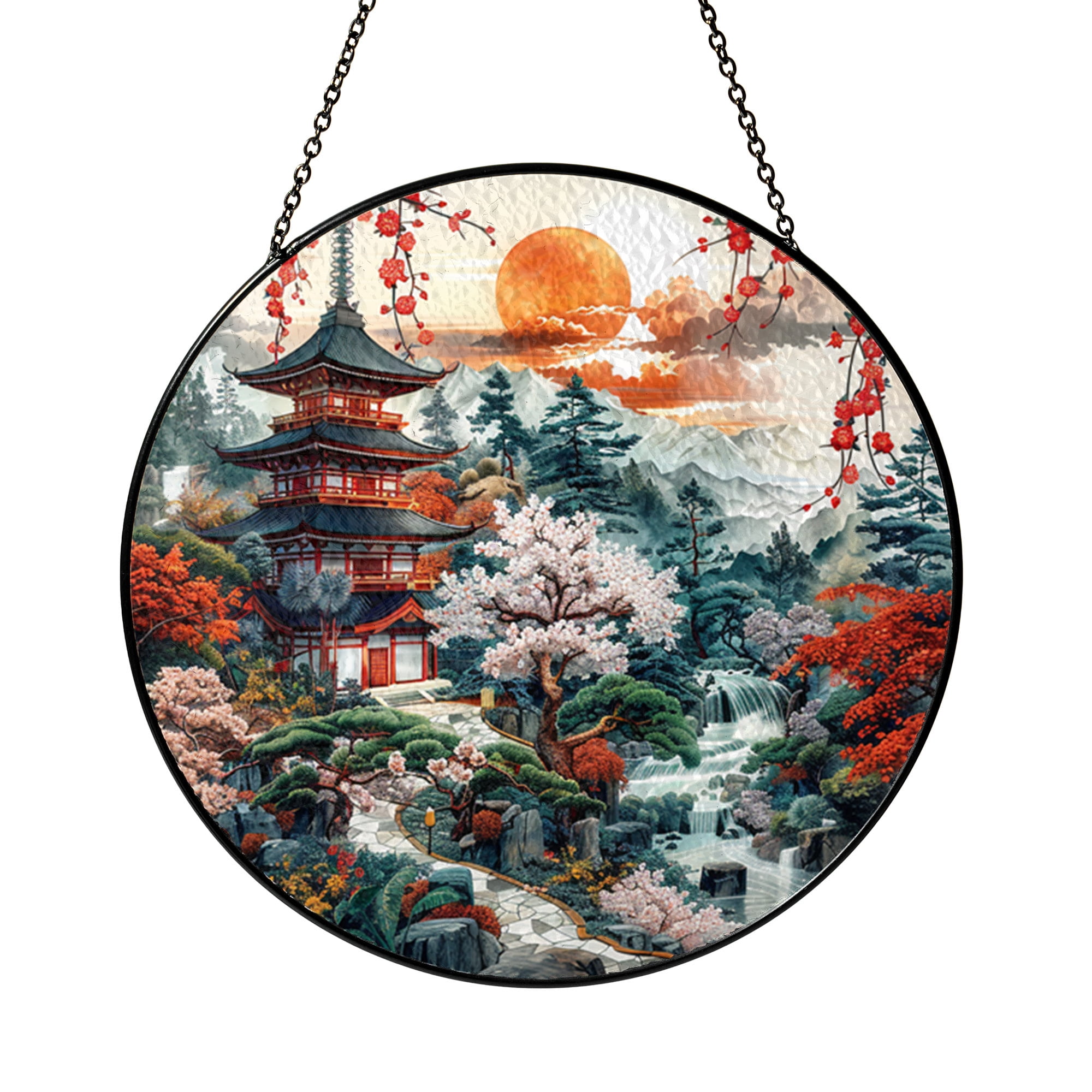 Pagoda Garden Stained Glass Round Suncatcher – Japanese Temple Window ...