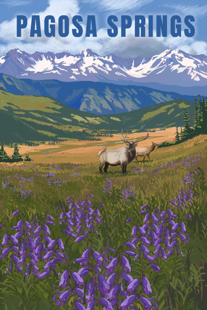 Pagosa Springs, Colorado, Elk and Flowers (16x24 Giclee Gallery Art Print, Vivid Textured Wall ...