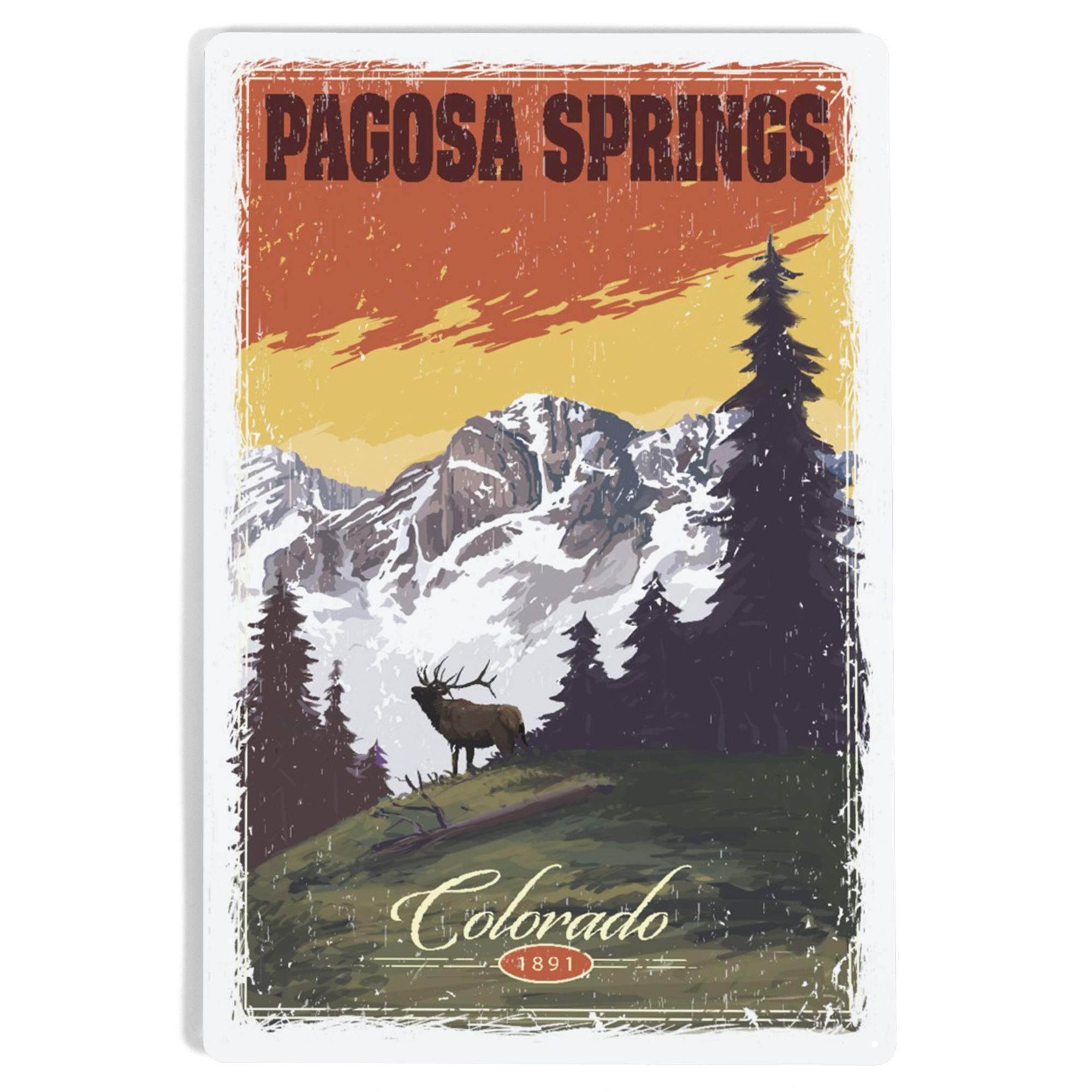 Pagosa Springs, Colorado, Mountain View and Elk, Distressed (12x18 ...