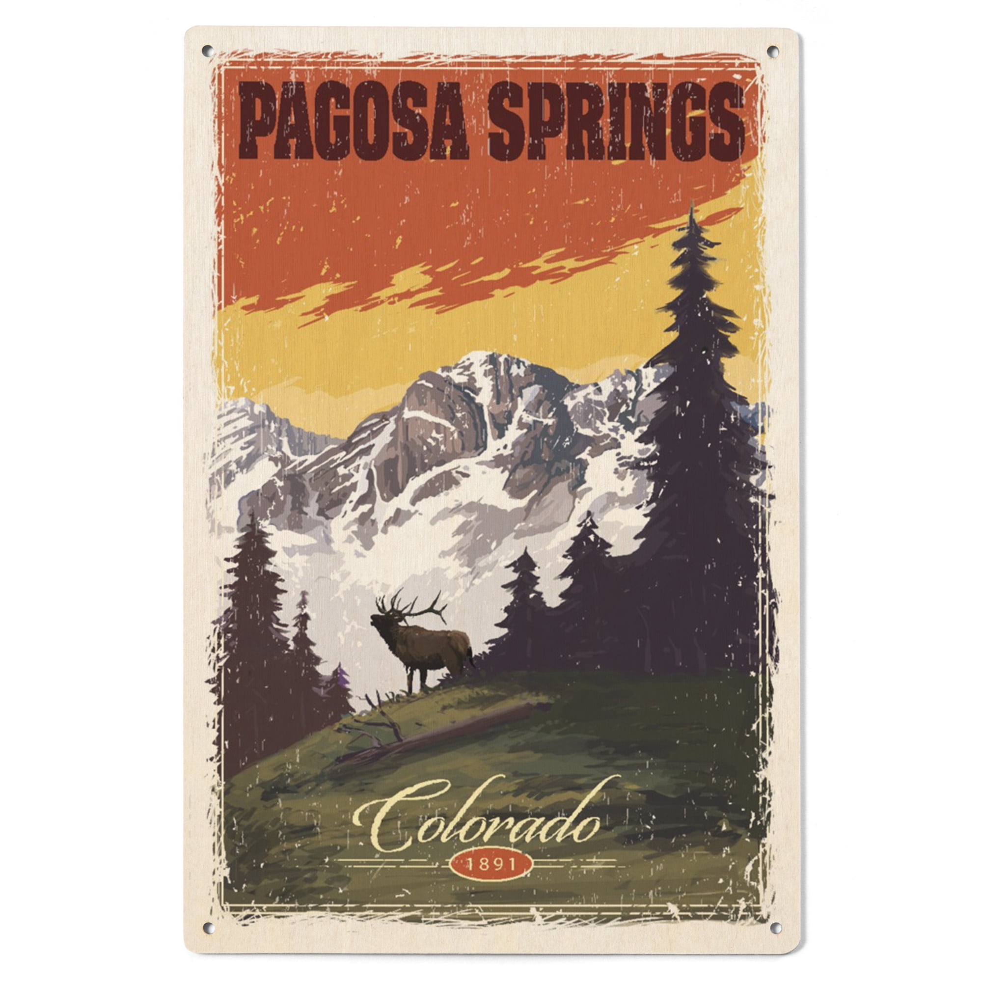 Pagosa Springs, Colorado, Mountain View and Elk, Distressed Birch Wood ...