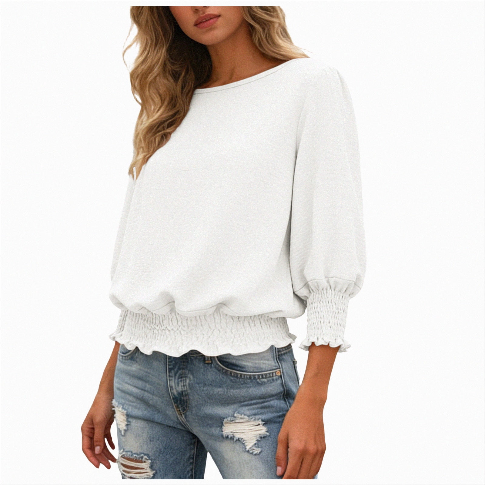 Paguaki Blouses for Women 3/4 Sleeve Round Neck Solid Color Elegant ...