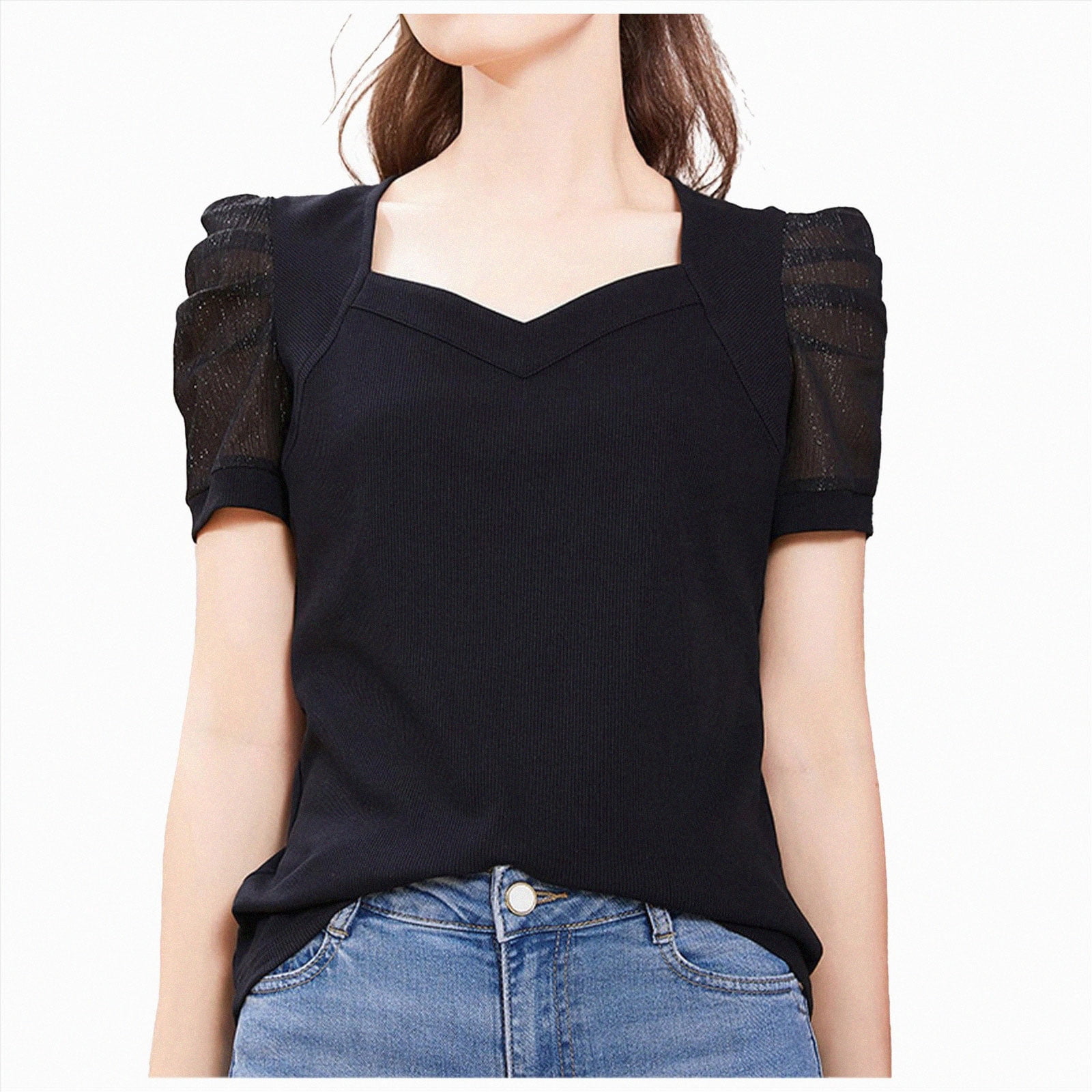 Paguaki Blouses for Women French Style Solid Color Bubble Short Sleeve ...