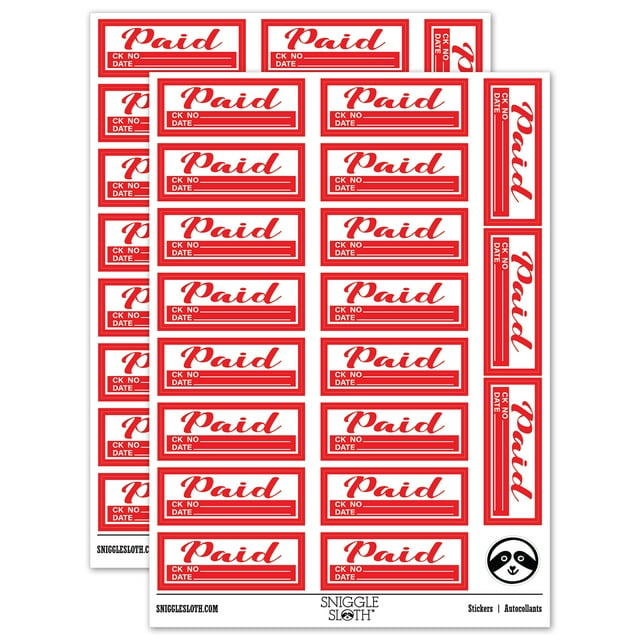 Paid Details Check Number Date Invoice Sticker Set - Red - Gloss Finish ...