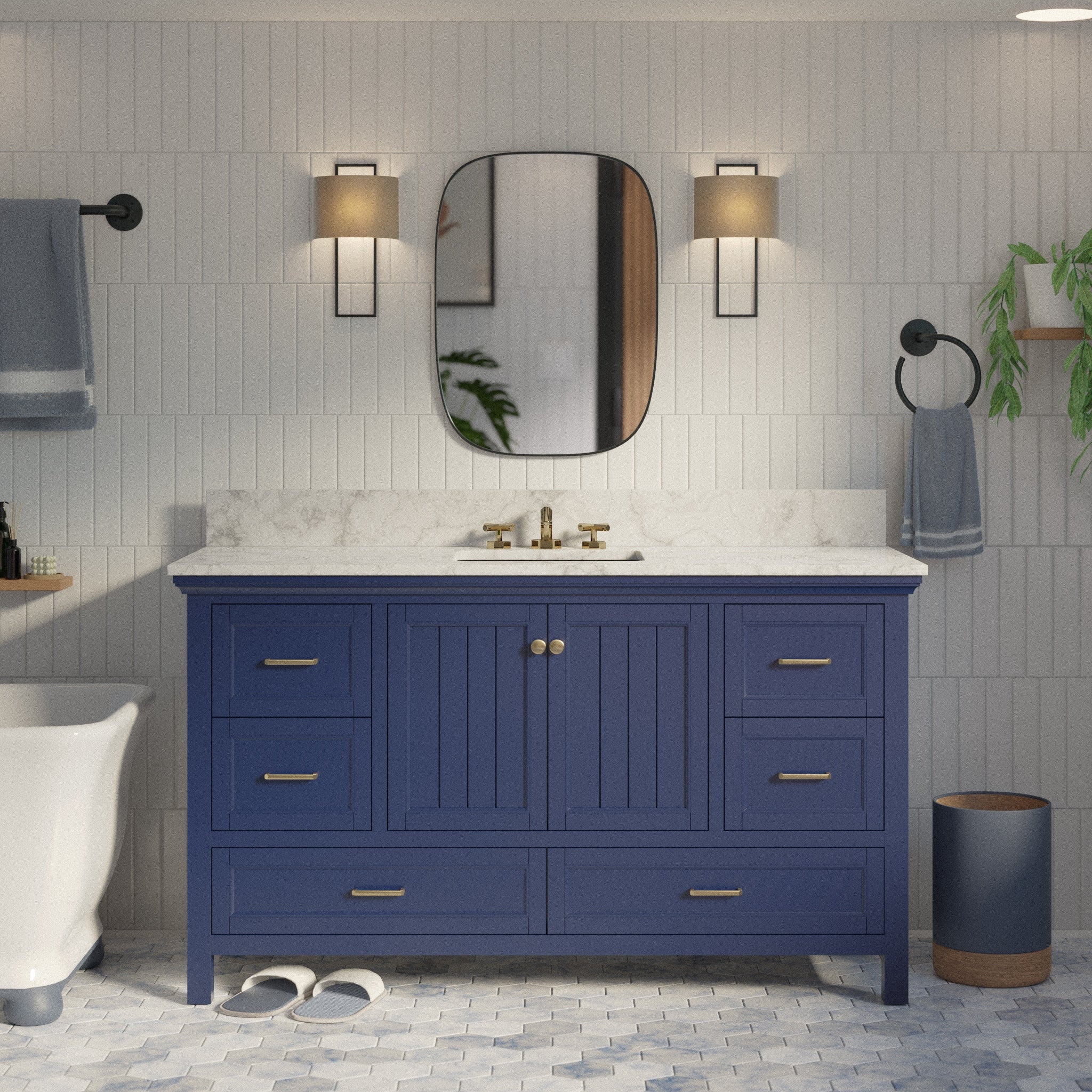 Paige 60" Single Bathroom Vanity with Royal Blue Cabinet and Carrara ...