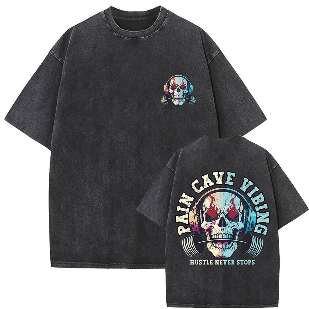 Pain Cave Vibing Hustle Never Stops Washed Vintage Skeleton Gym Pump ...