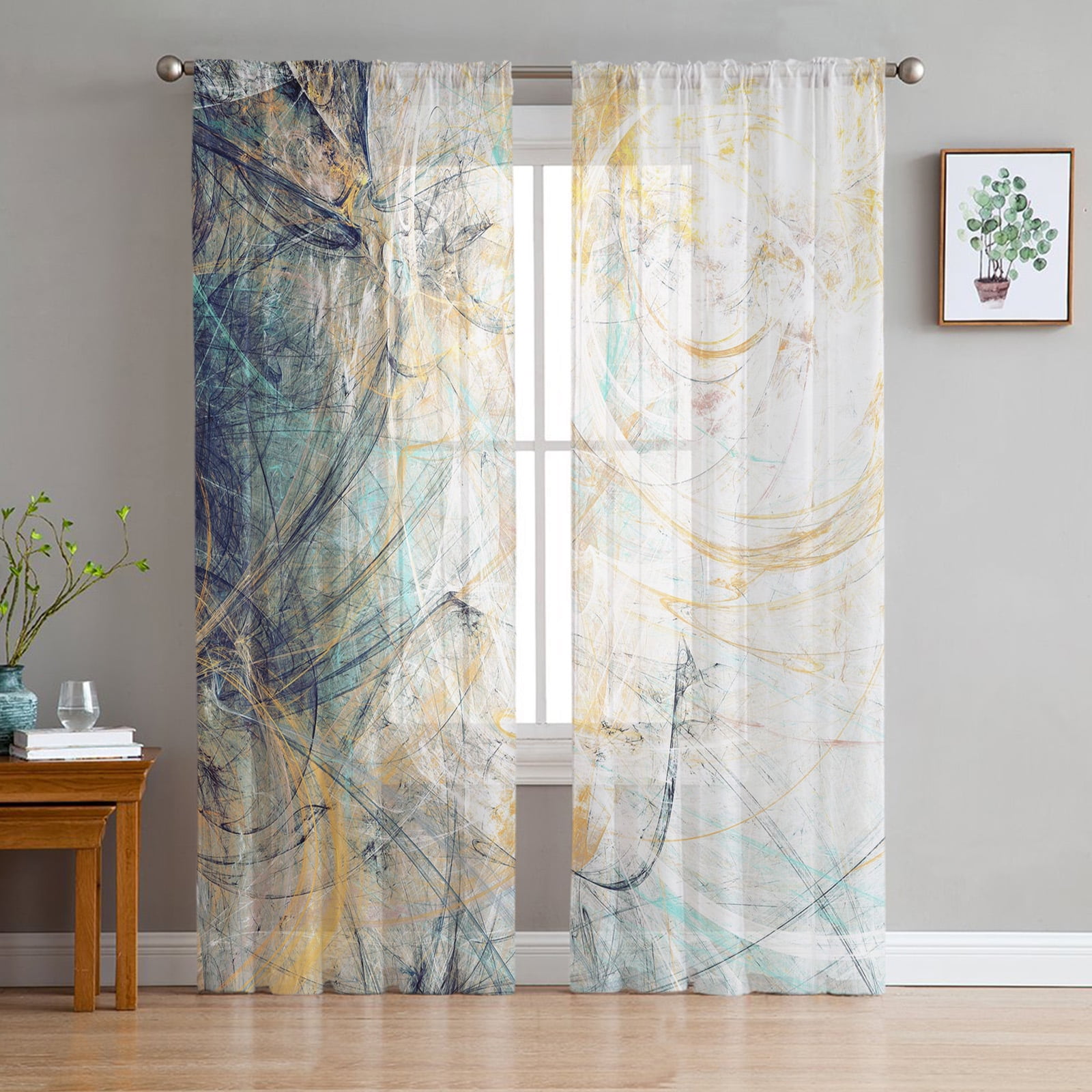 Paint Abstract Geometric Yellow Tulle in Sheer Curtains for Living Room ...