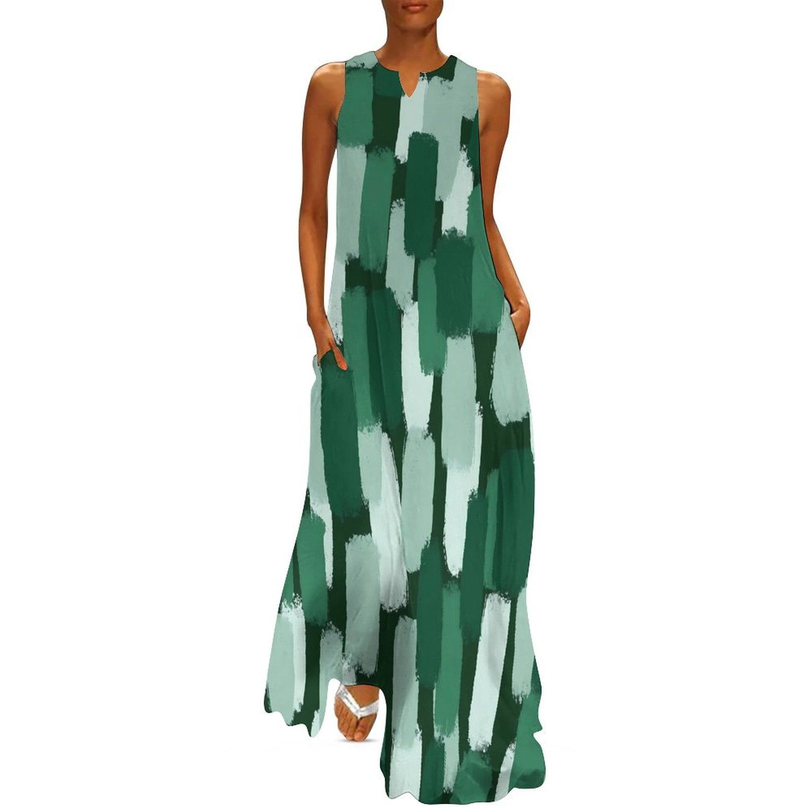 Paint Brush Dress Summer Abstract Green Street Wear Casual Long Dresses ...