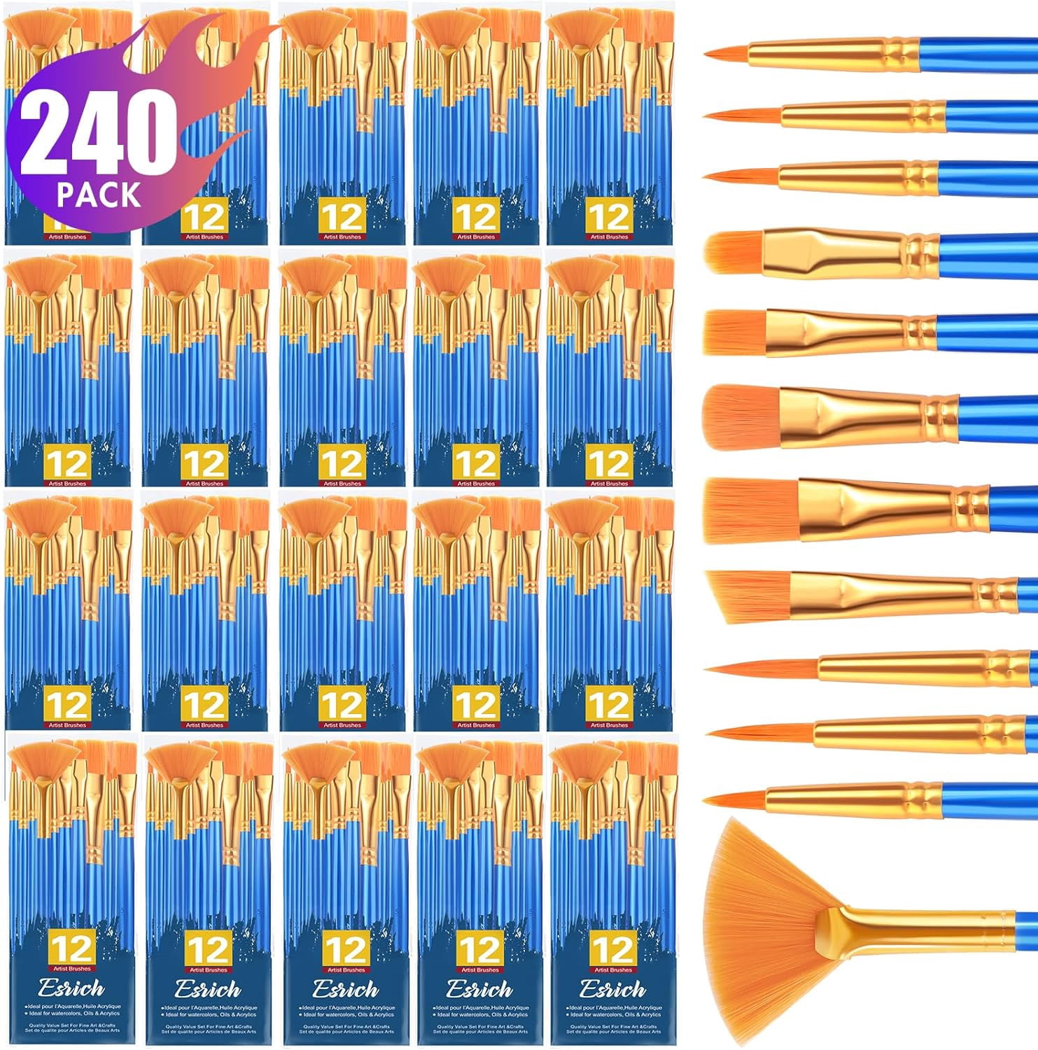 Paint Brushes Set,20 Pack 240 Pcs Nylon Hair Paintbrushes Round-Pointed ...