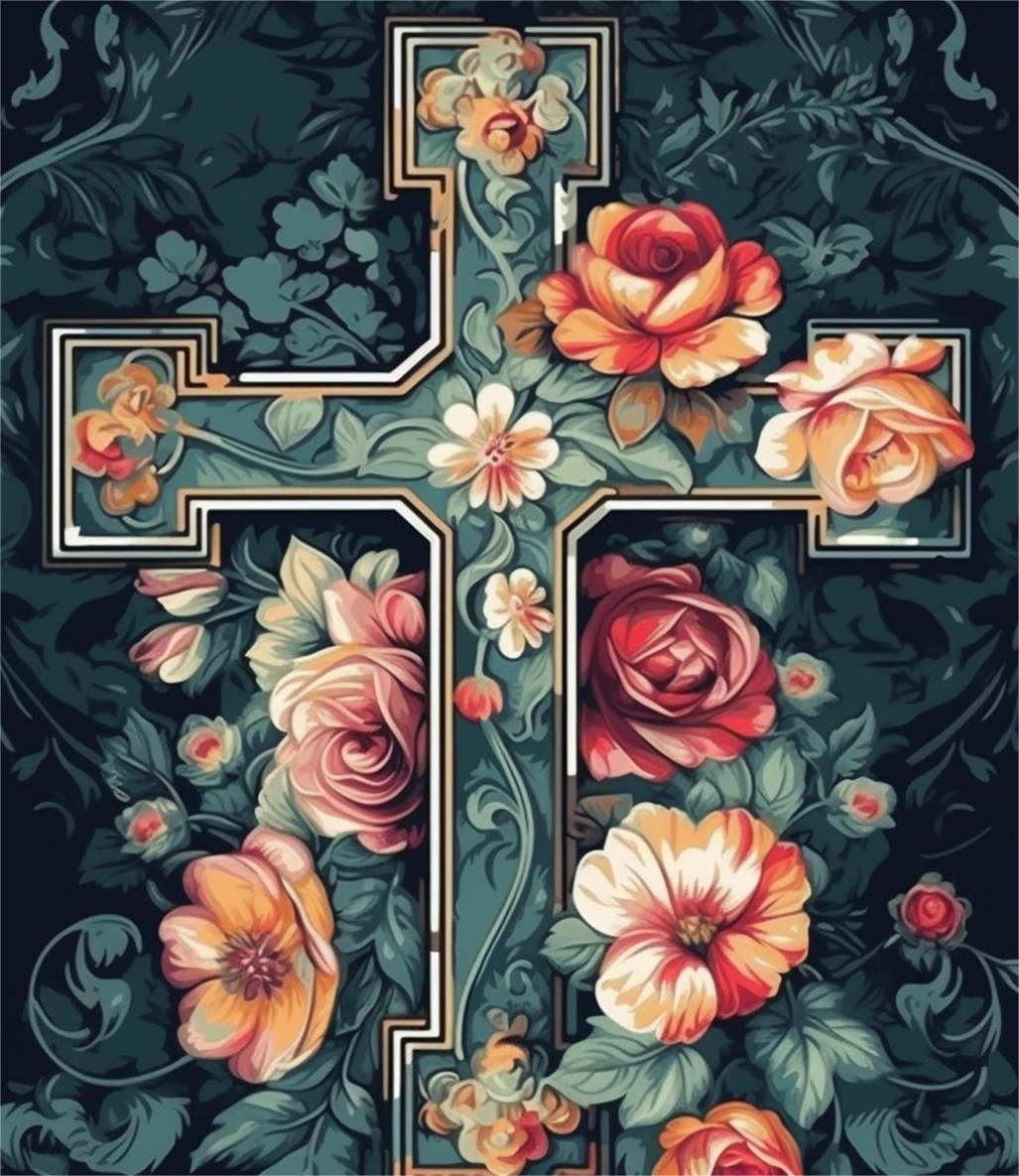 Paint by Number for Adult Kit,Christian cross rose branches (15), DIY ...