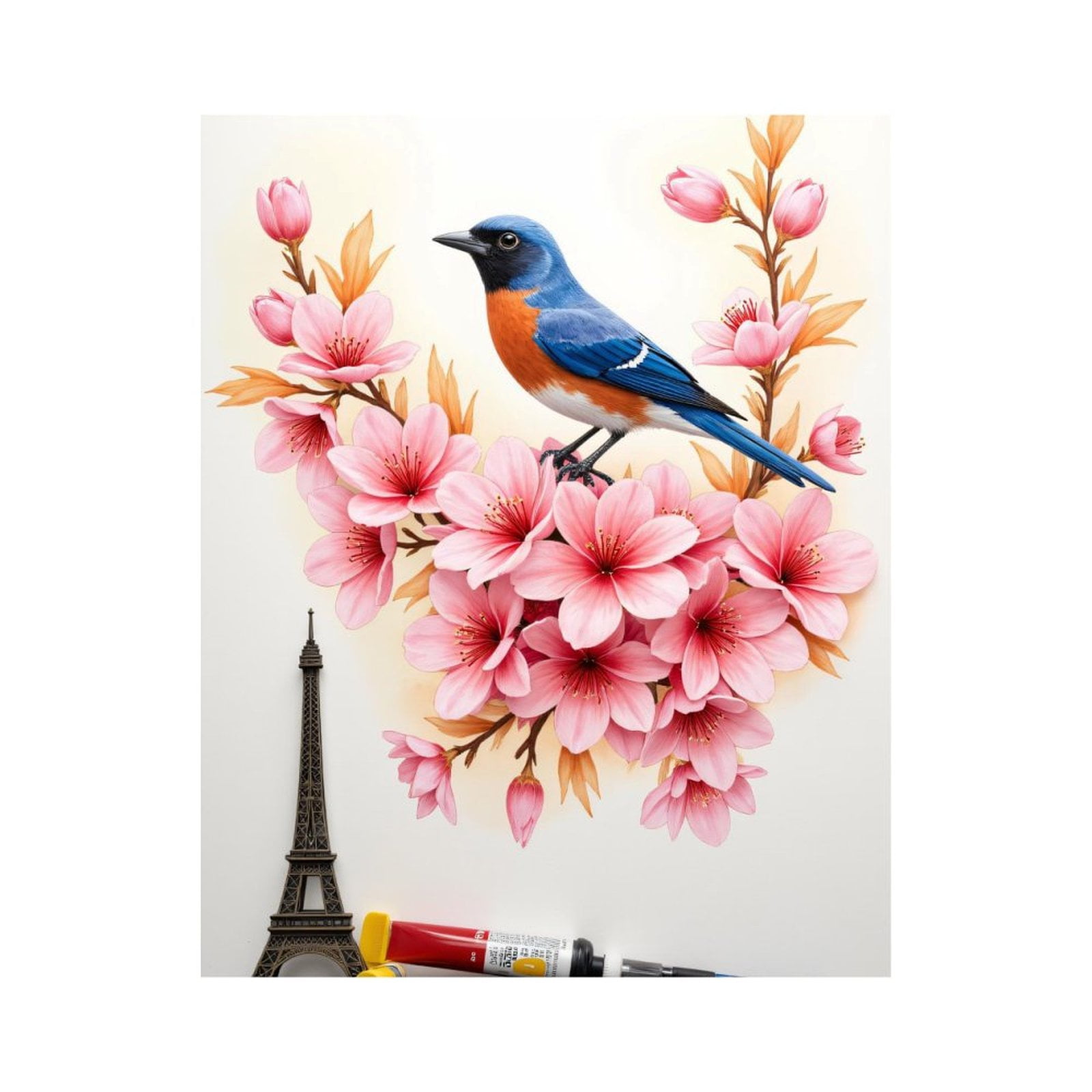 Paint By Numbers Kit for Adults Beginner - Pink Blossoms Blue Bird Paris Art DIY Canvas Painting ...