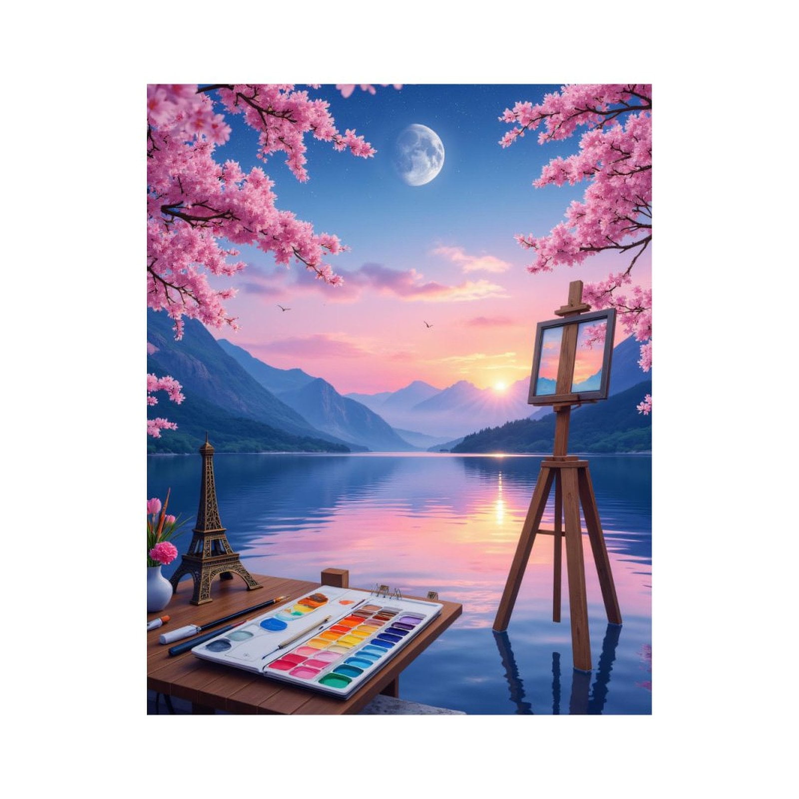 Paint by Numbers Kit for Adults, Cherry Blossom Lake Painting Sunset ...