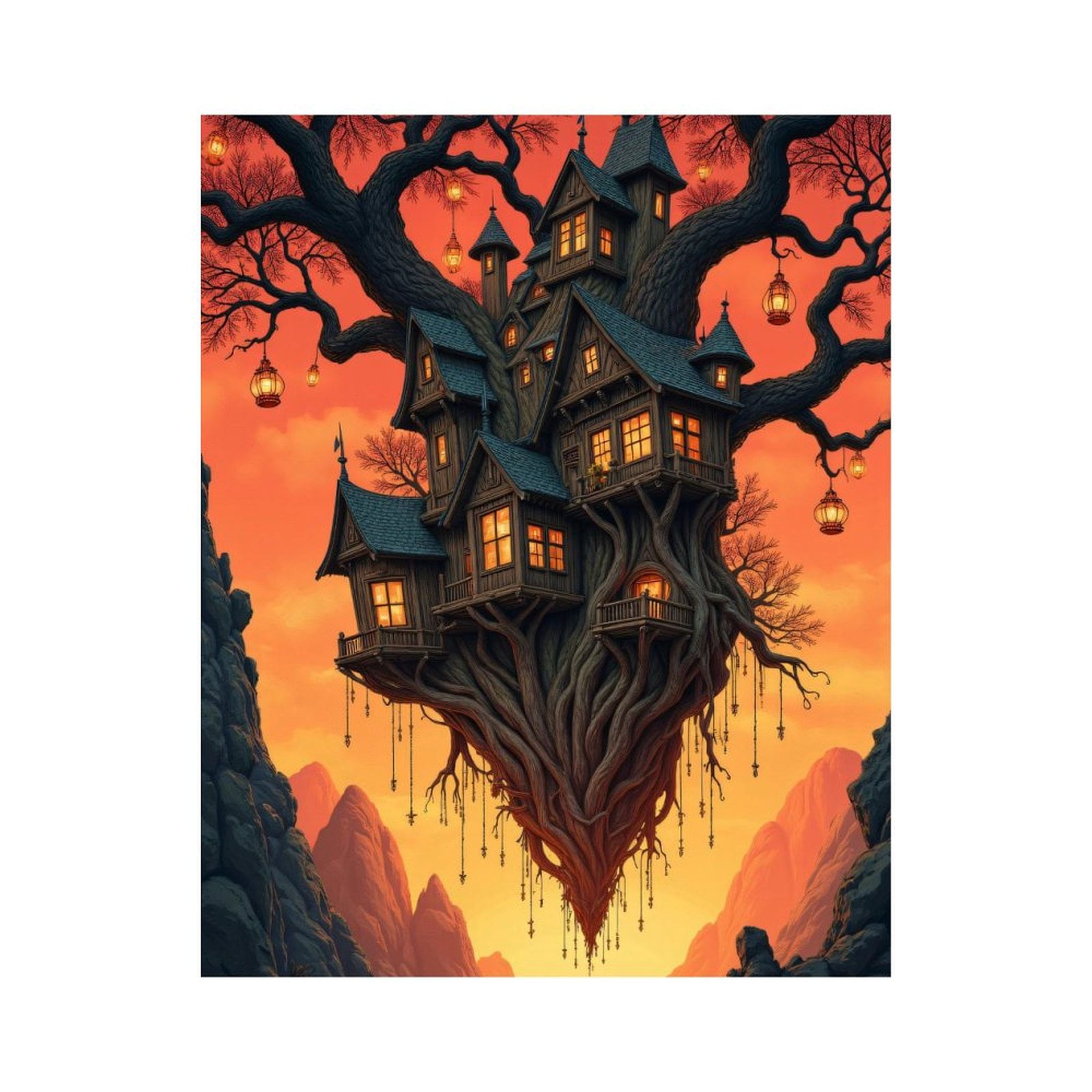 Paint by Numbers Kit for Adults, Floating Treehouse Lanterns Sunset ...