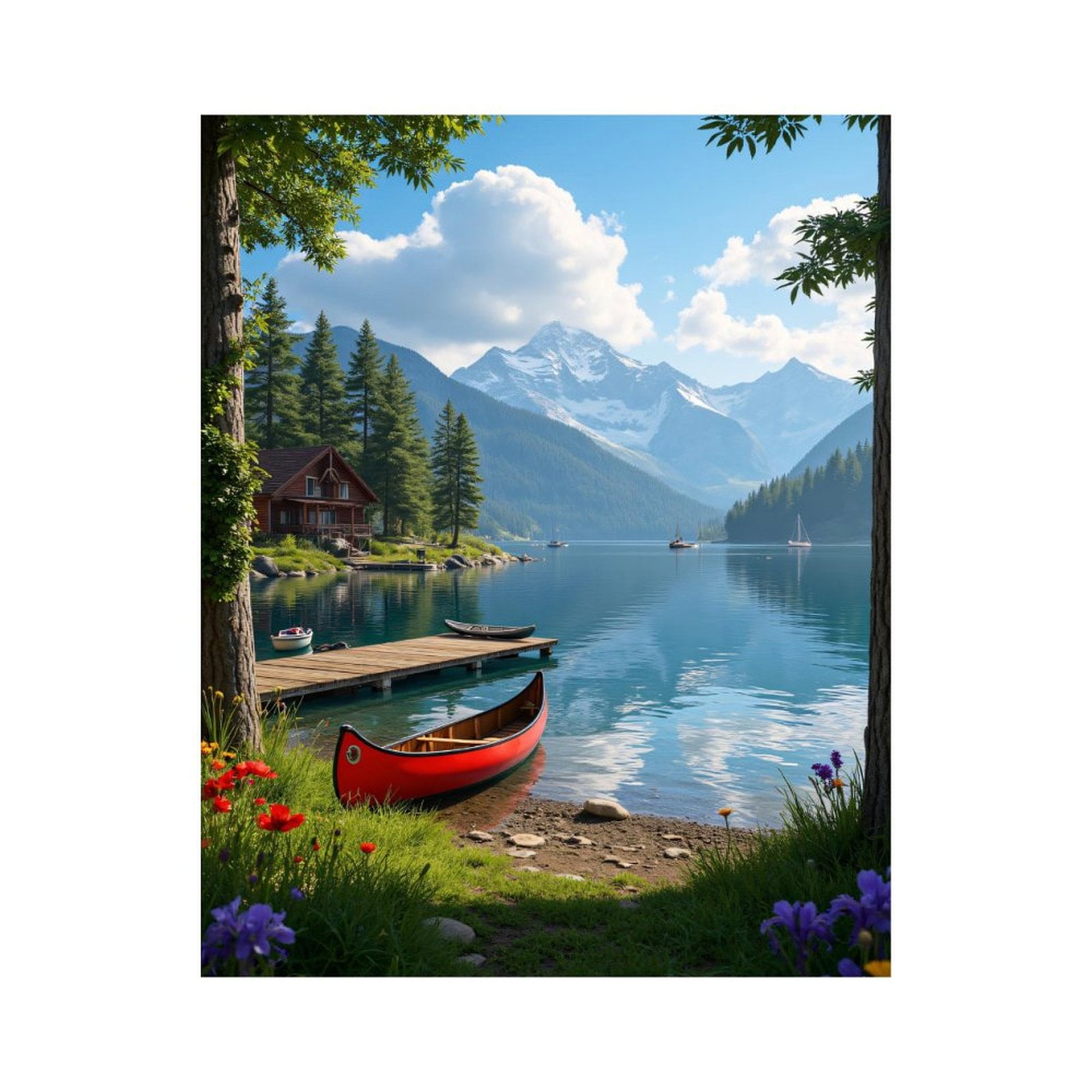 Paint by Numbers Kit for Adults, Lake Cabin Red Canoe Mountain View ...