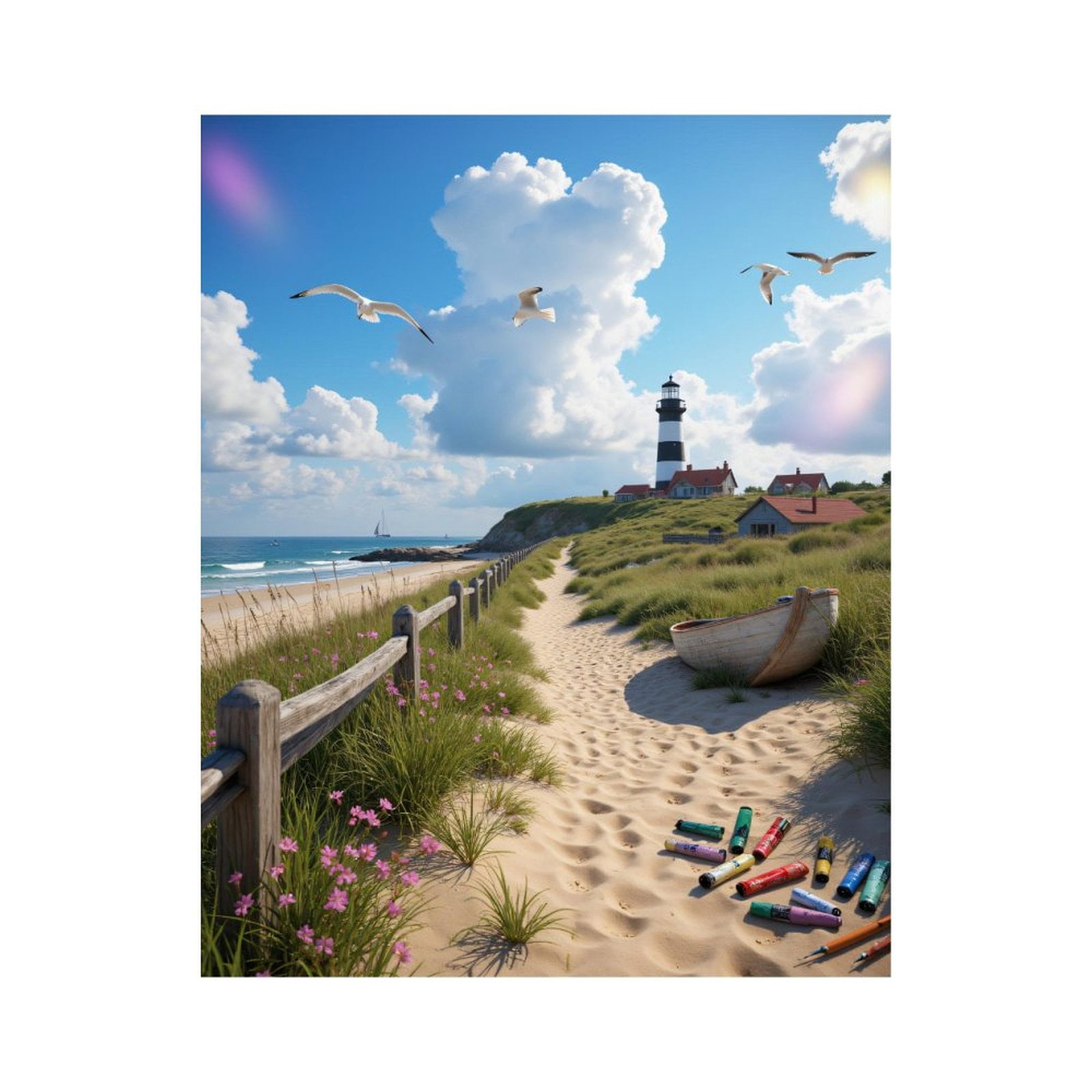 Paint by Numbers Kit for Adults, Lighthouse Coastal Path Seagulls Beach ...