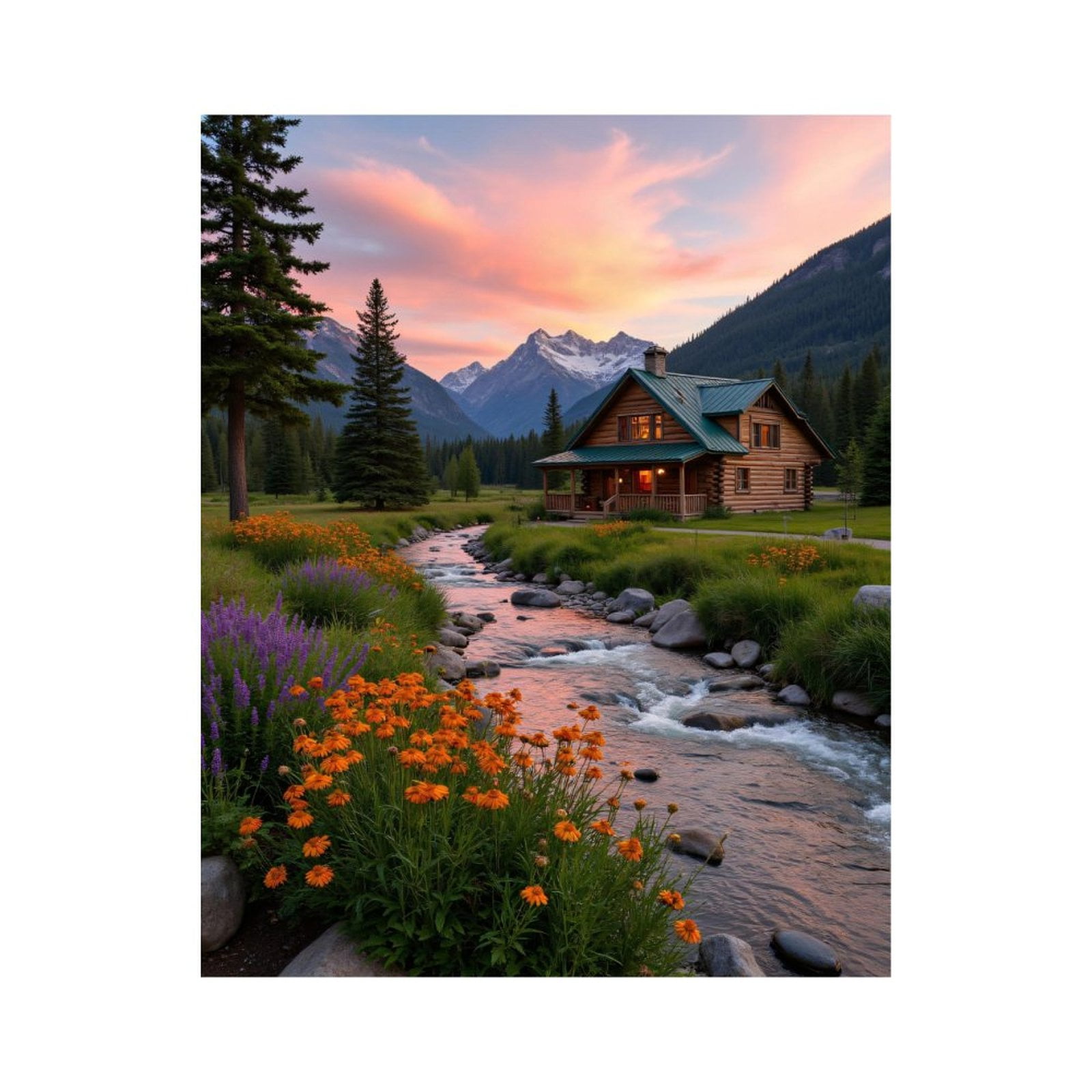 Paint by Numbers Kit for Adults, Mountain Cabin Sunset Stream Flowers ...