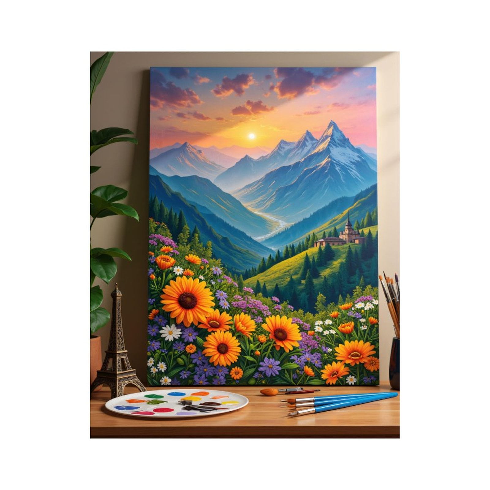 Paint by Numbers Kit for Adults, Mountain Sunrise Floral Landscape ...