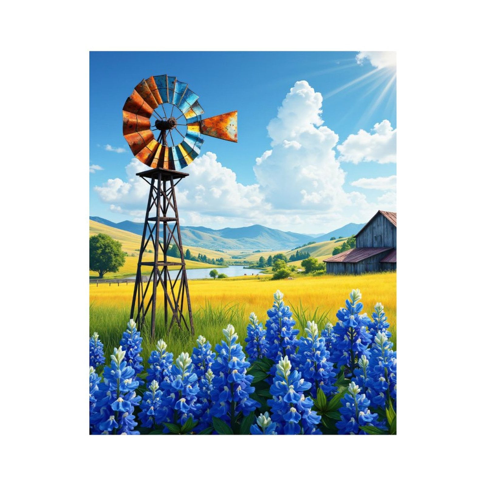 Paint by Numbers Kit for Adults, Windmill Field Blue Flowers Landscape ...
