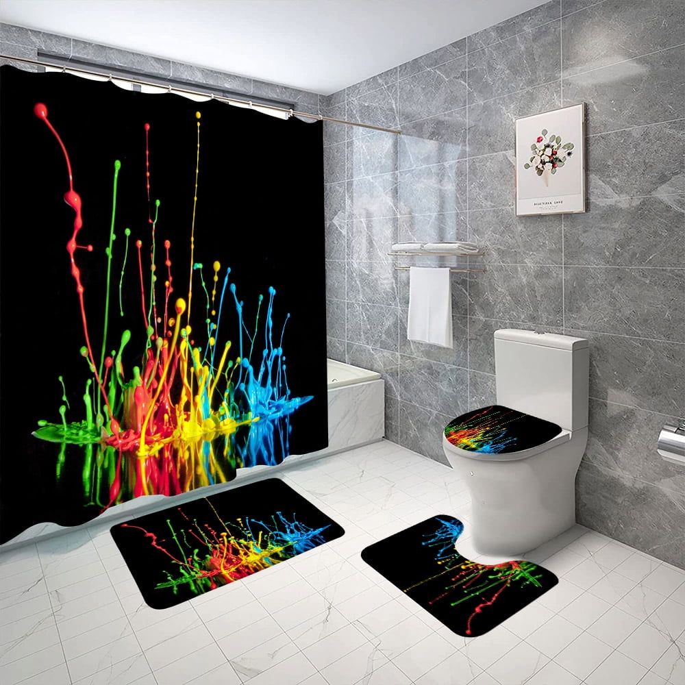 Paint Splash Print Shower Curtain Color Art Bath Mat Black Anti Slip ...