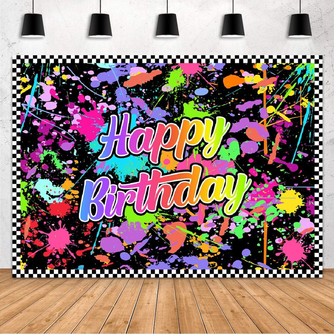 Paint Splatter Happy Birthday Backdrop Colorful Neon Glow Painting ...