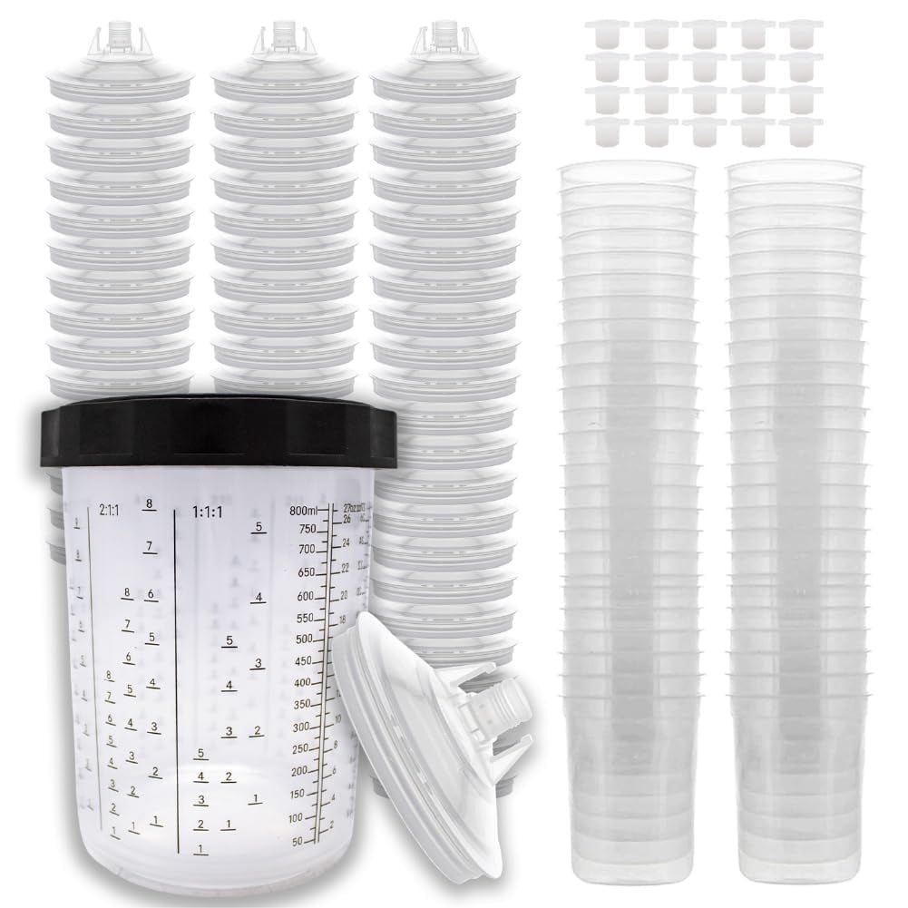 Paint Spray Gun Disposable Cup Liners System, 50 Liners 50 Lids 1 Hard ...