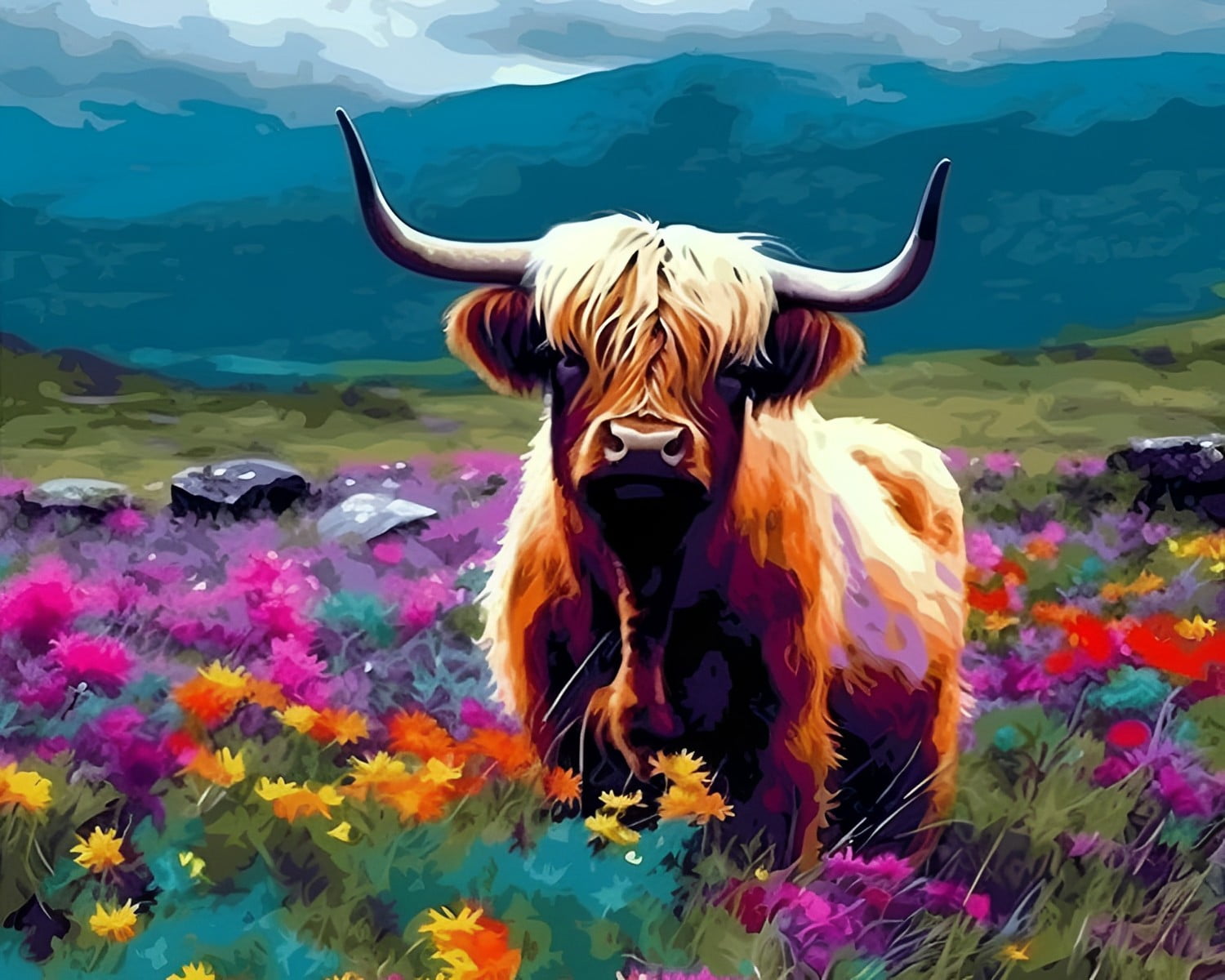 Paint by Numbers for Adults -Flower Field Highland Cow- Drawing ...