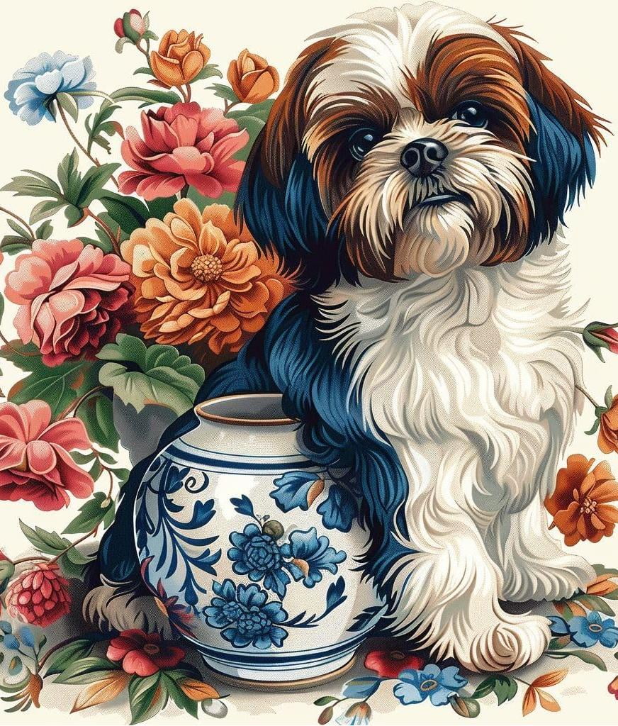 Paint by Numbers for Adults - Shih Tzu Vase - Drawing Paintwork DIY ...