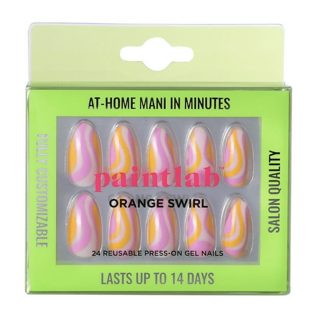 PaintLab Reusable Press-on Gel Nails Kit, Orange Swirl Orange and Pink ...