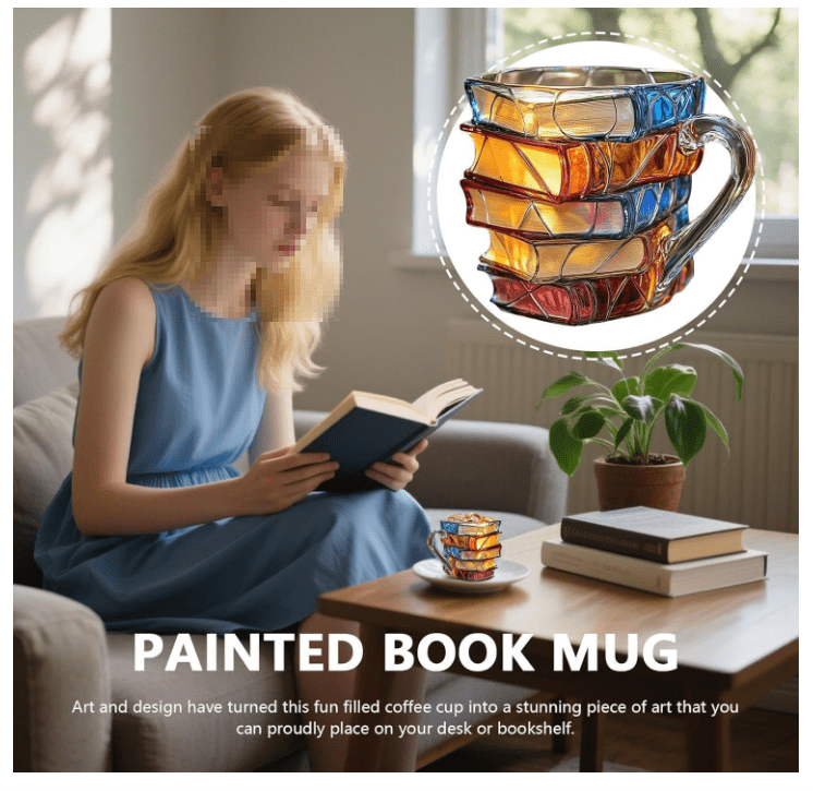 Painted Book Mug for Hot or Cold Brews, Unique Design Library Coffee ...