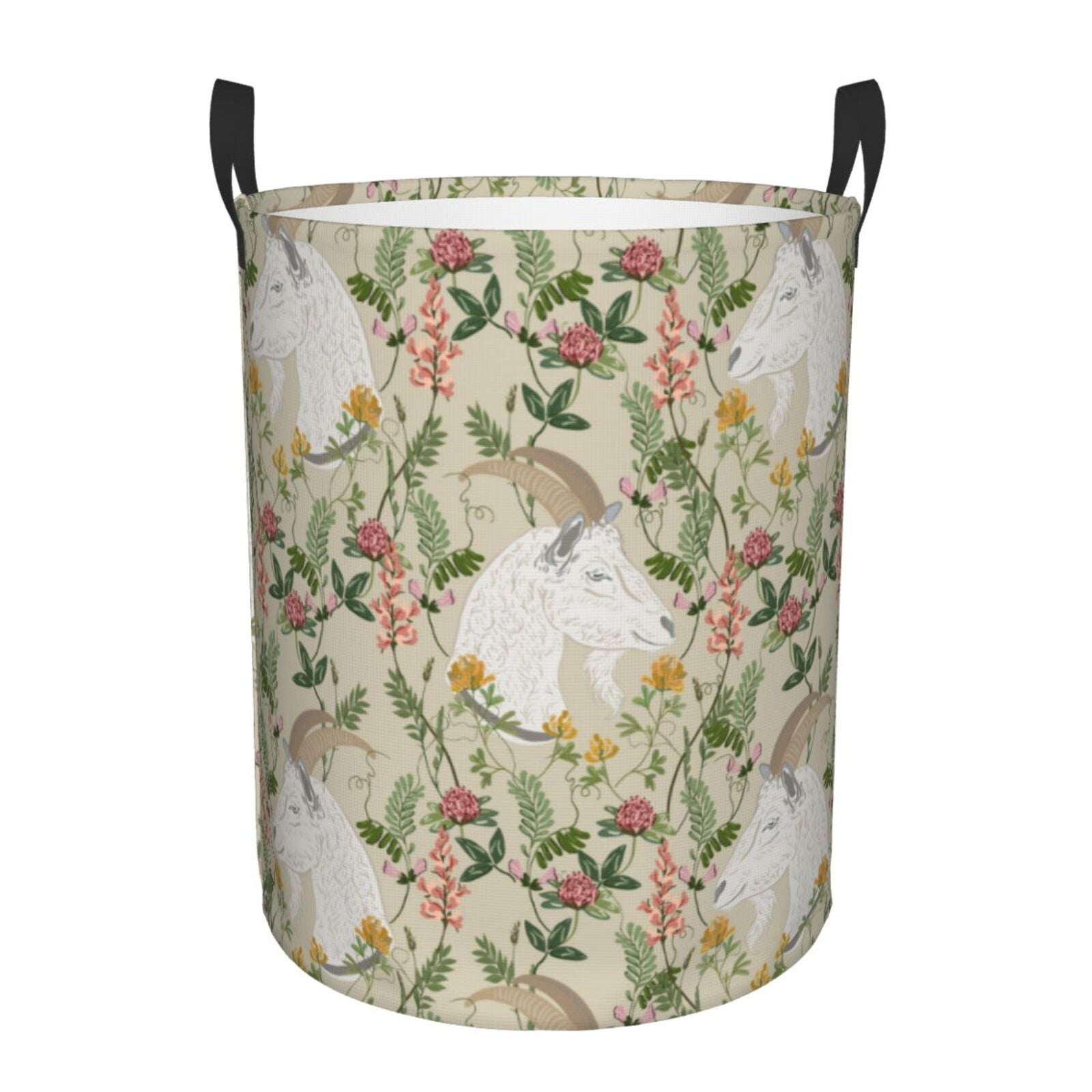 Painted Cute Goat Head Flower Round Laundry Basket, Laundry Hamper with ...