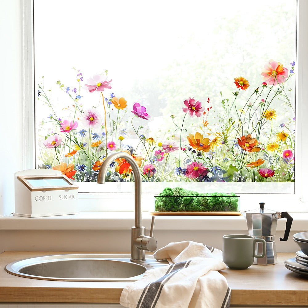 Painted Flowers Leaves Window Stickers, Self-Adhesive Glass Door Decals ...